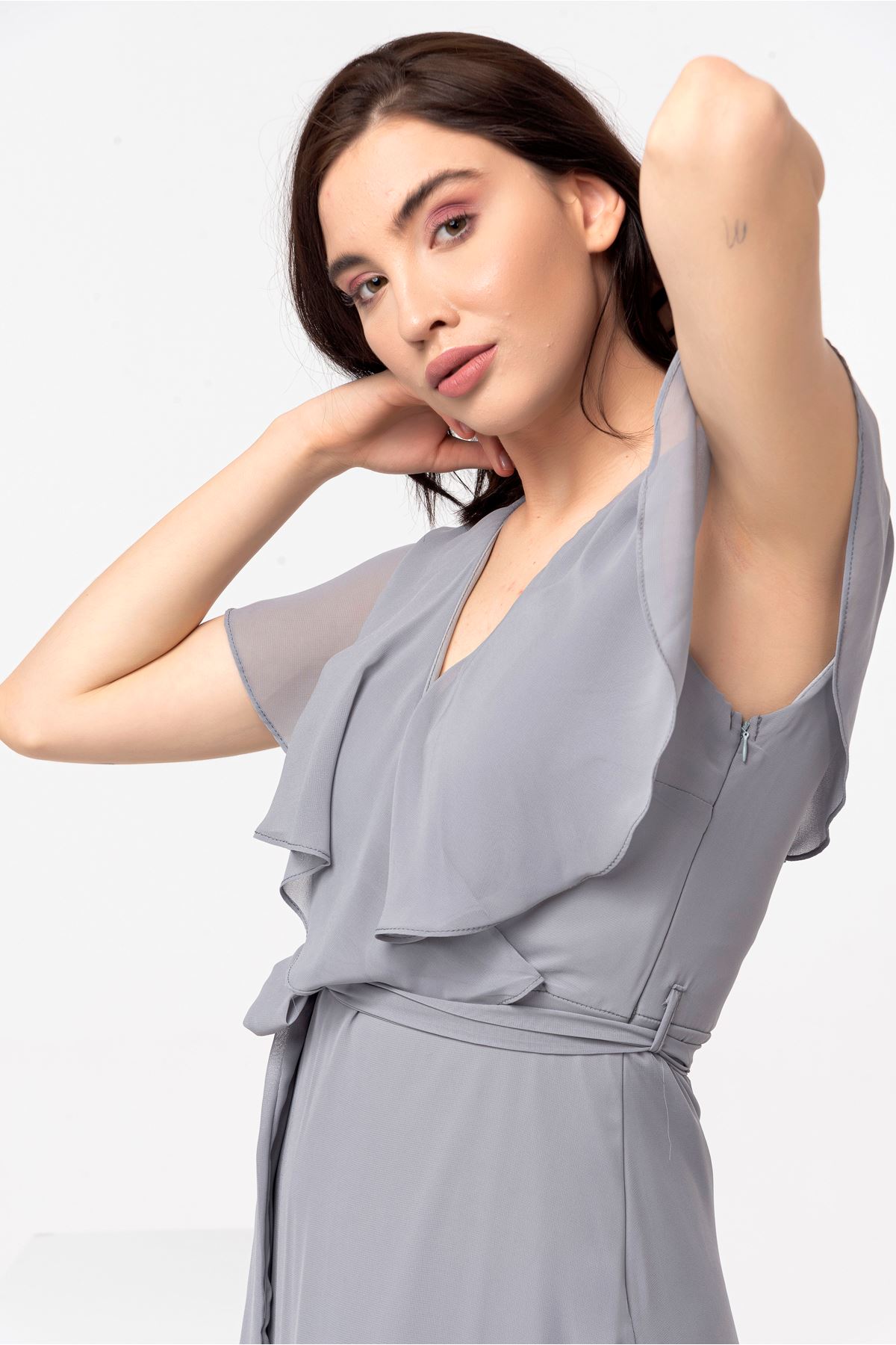 Chiffon Fabric Short Sleeve V-Neck Midi Full Fit Women Dress - Grey