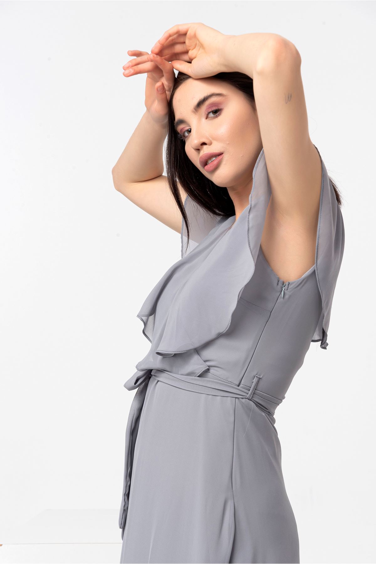 Chiffon Fabric Short Sleeve V-Neck Midi Full Fit Women Dress - Grey