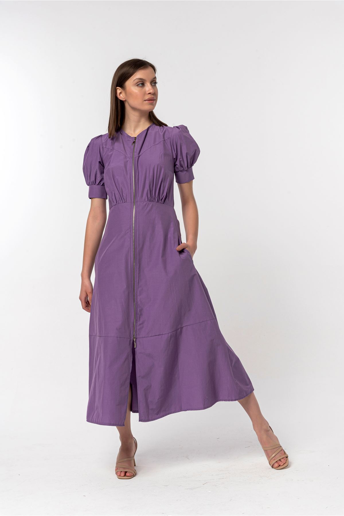 Soft Fabric Short Sleeve Zip Neck Midi Women Dress - Lilac