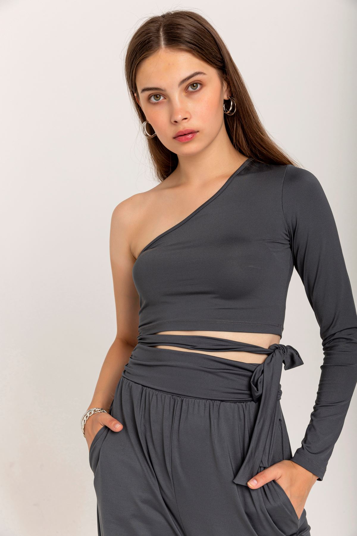 Scuba Fabric Tight Fit Asymmetrical Women'S Set 2 Pieces - Anthracite