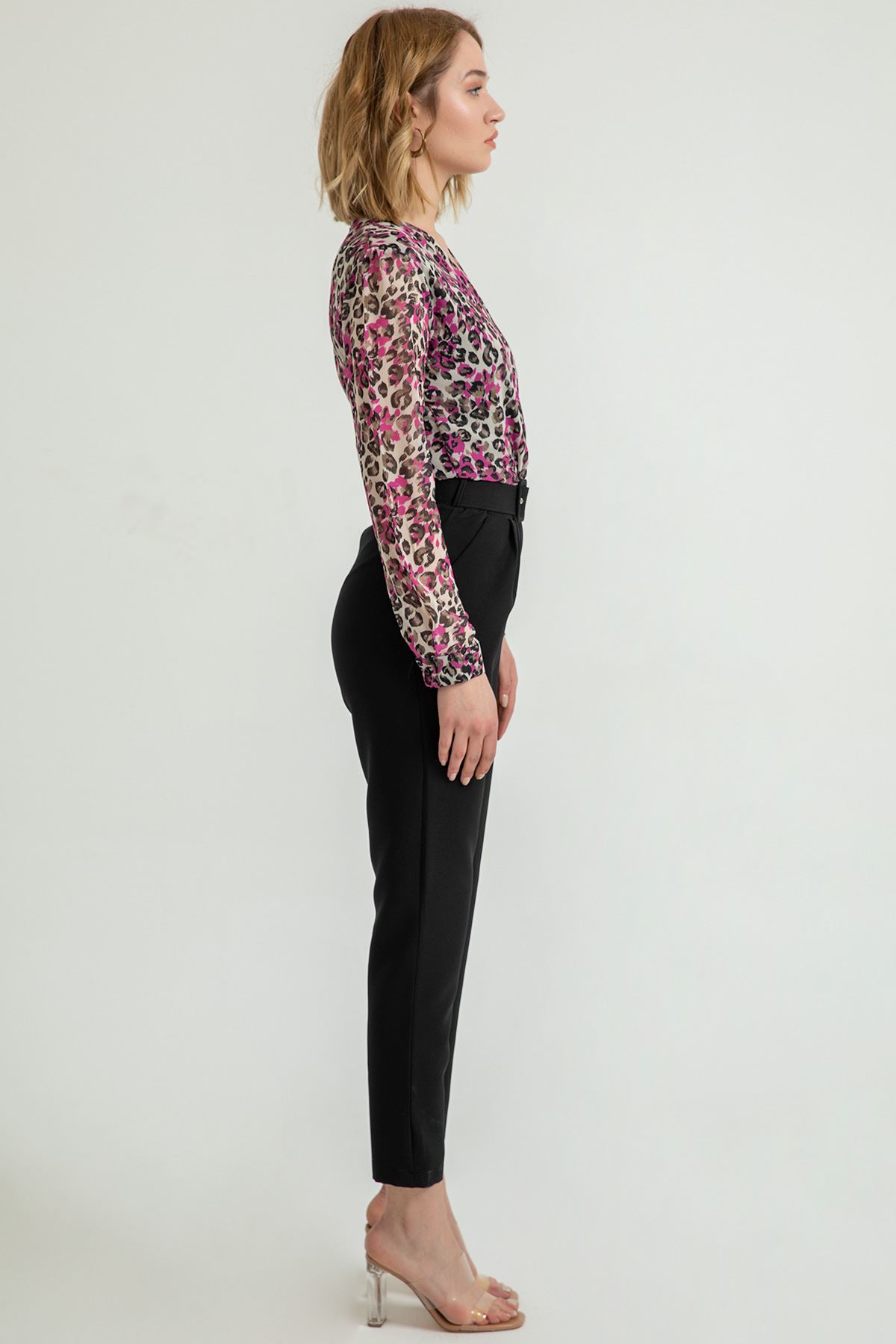 Jessica-Atlas Kumaş V Yaka Uzun Boy Tam Kalıp Kadın Tulum-Fuşya