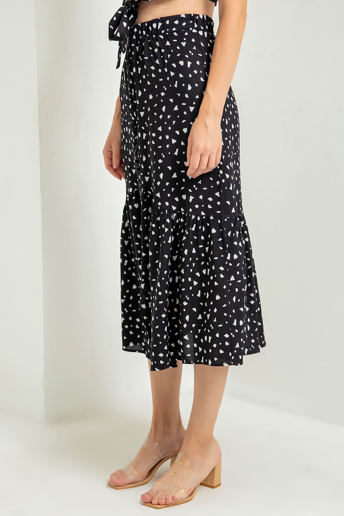 Viscon Fabric Midi Crispy Print Elastic Waist Women'S Skirt - Black