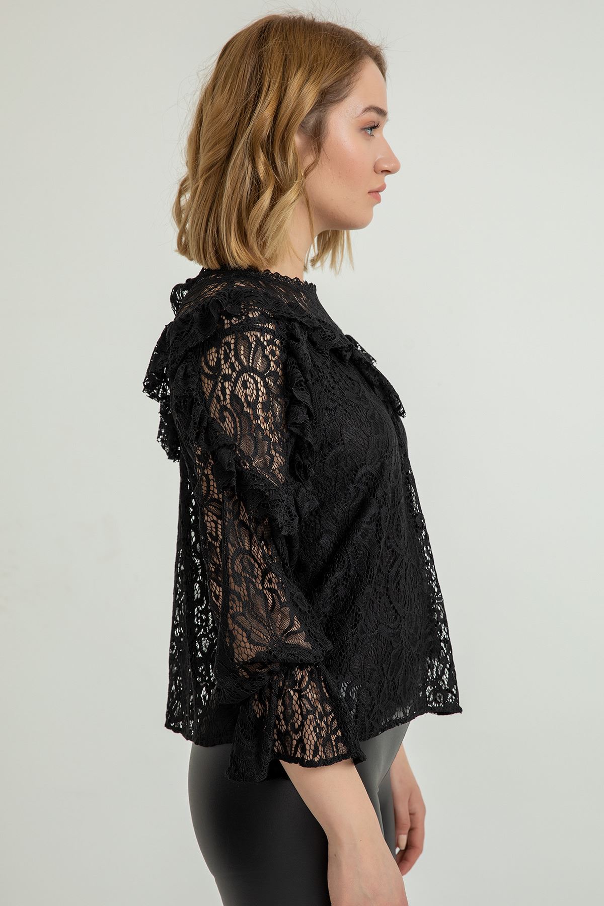 Lycra Fabric Long Sleeve Bike Collar Flywheel Blouse - Black