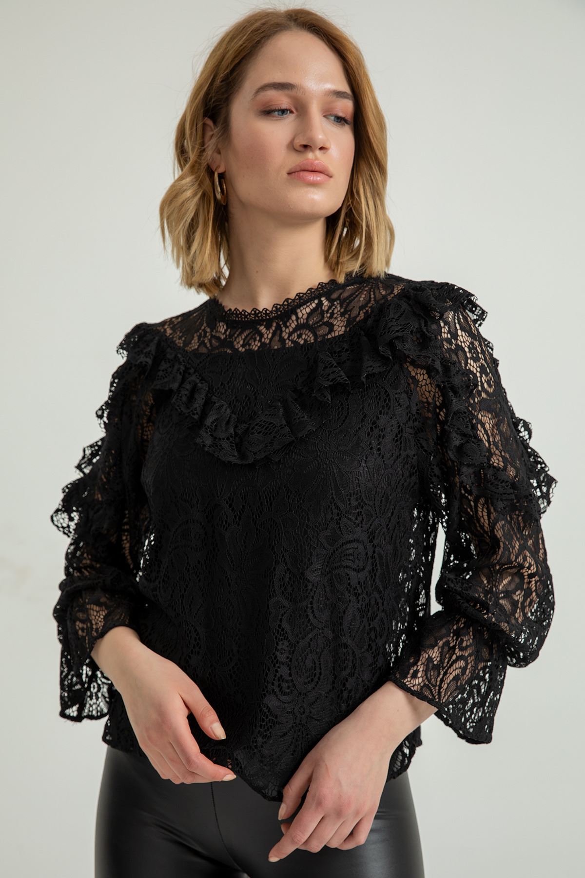 Lycra Fabric Long Sleeve Bike Collar Flywheel Blouse - Black