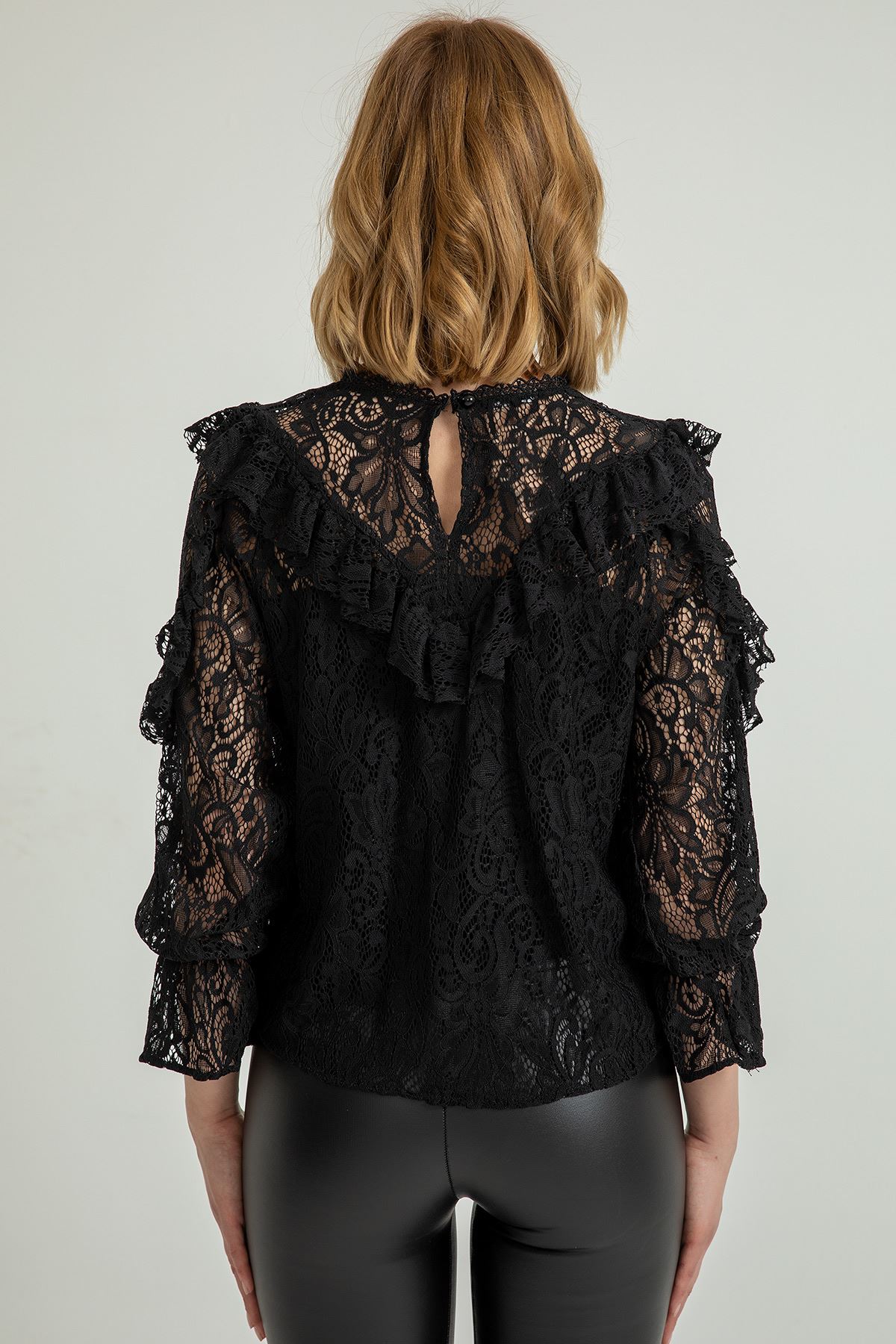 Lycra Fabric Long Sleeve Bike Collar Flywheel Blouse - Black