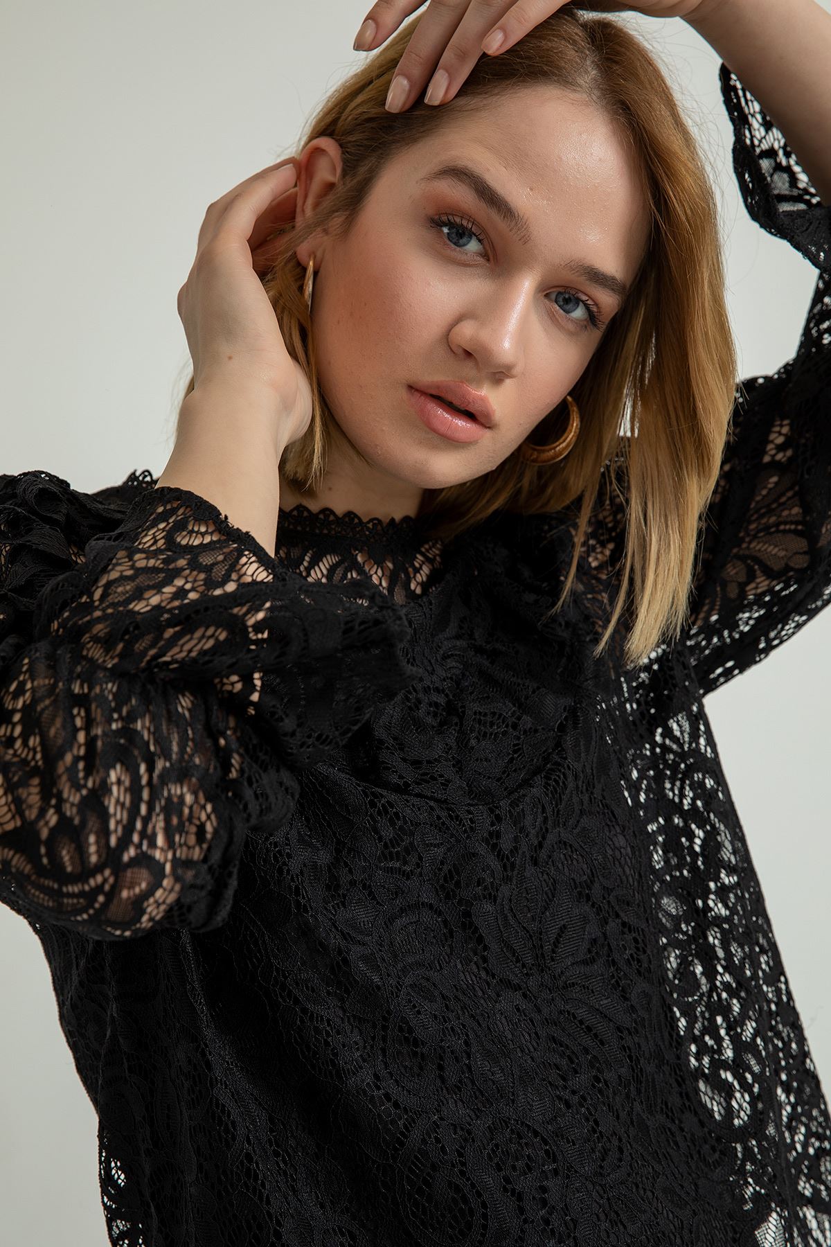 Lycra Fabric Long Sleeve Bike Collar Flywheel Blouse - Black