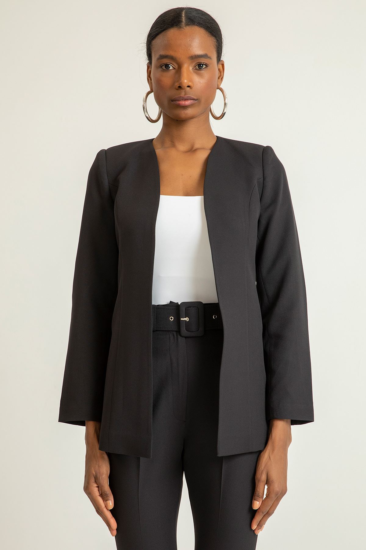 Atlas Fabric Without Collar Below Hip Classical Blazer Women Jacket - Black