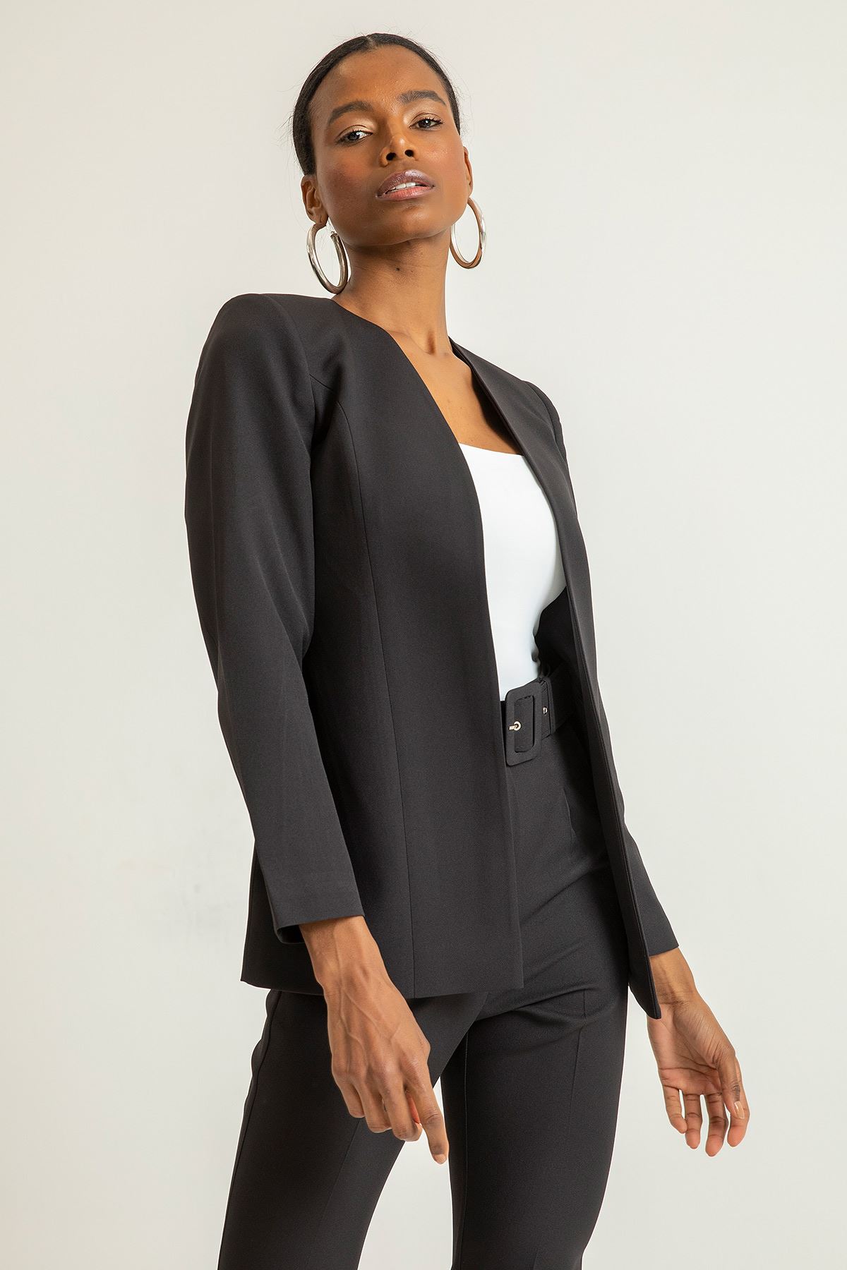 Atlas Fabric Without Collar Below Hip Classical Blazer Women Jacket - Black