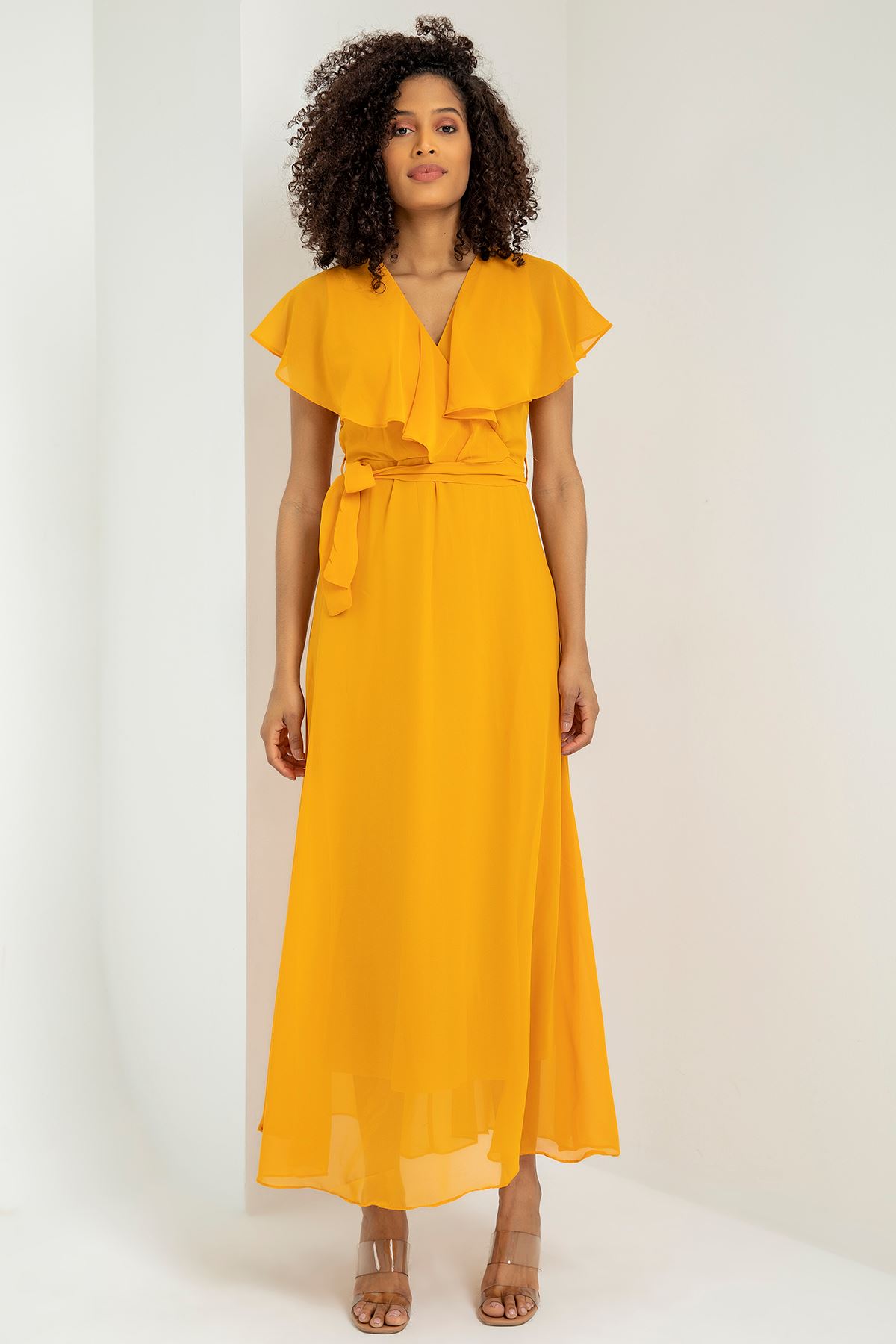 Chiffon Fabric Short Sleeve V-Neck Midi Size Belted Women Dress - Mustard
