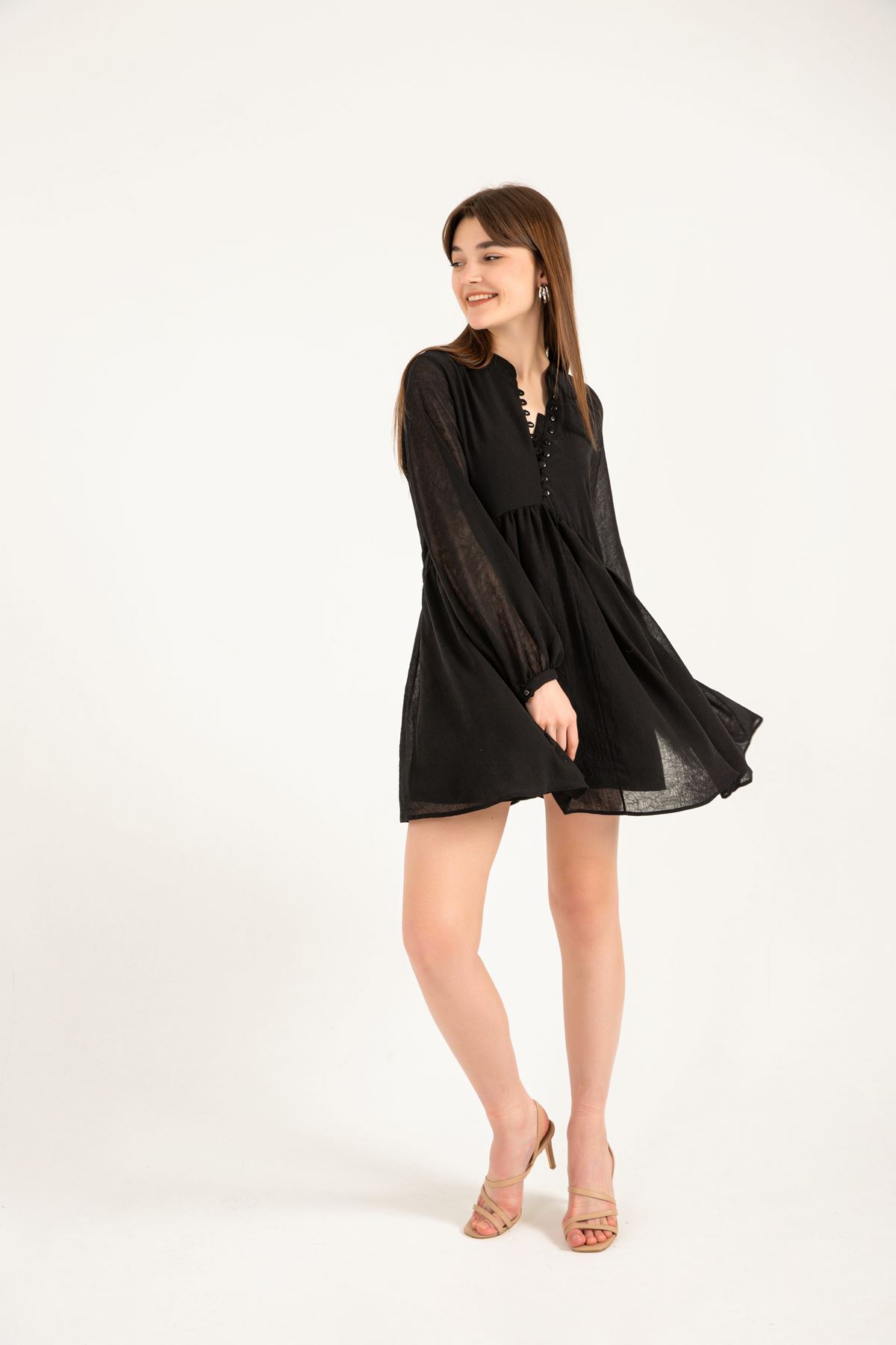 Chiffon Fabric Band Neck Full Fit Women Dress - Black