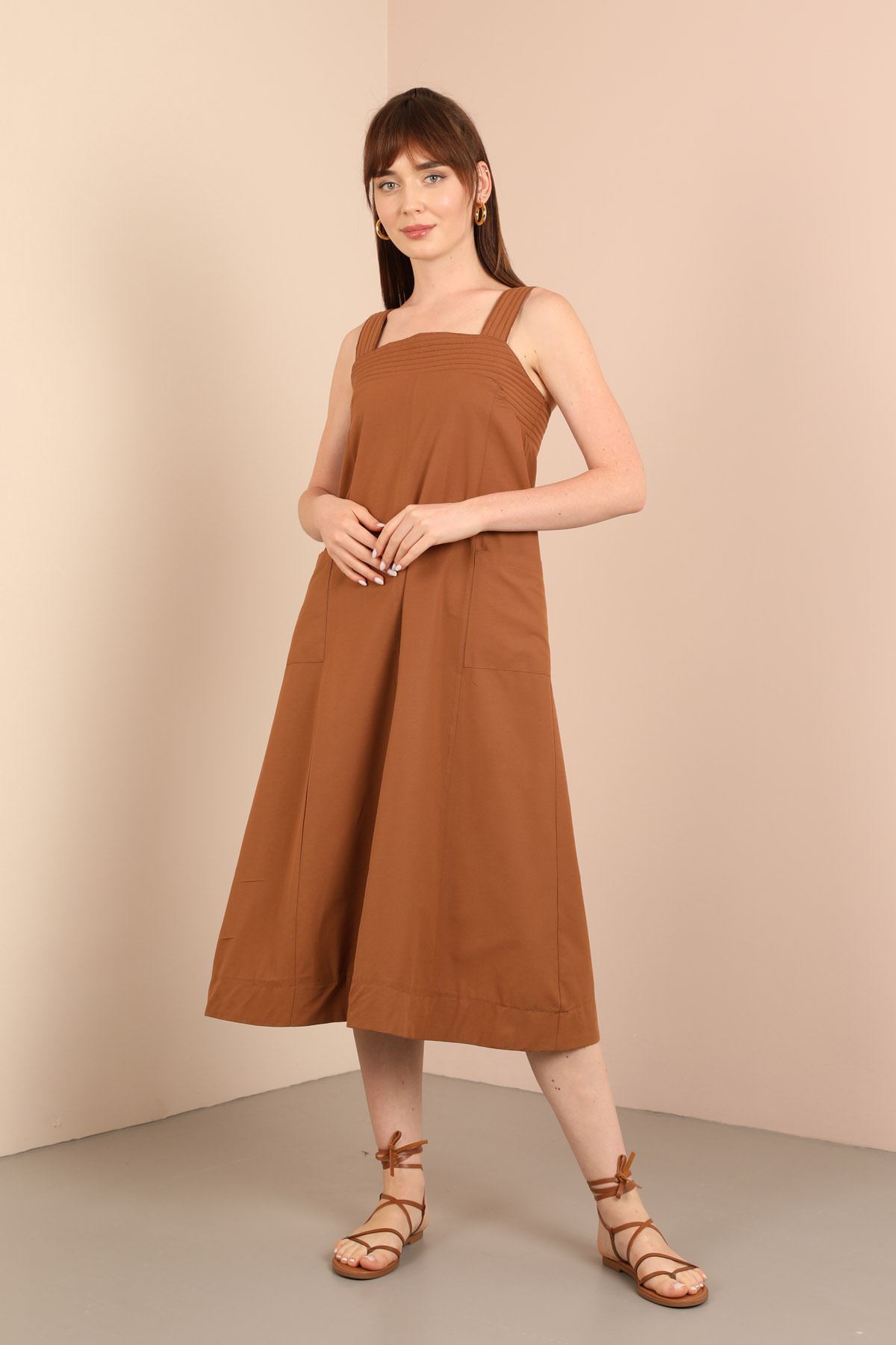 Soft Fabric With Two Pockets Long Women Dress-Brown