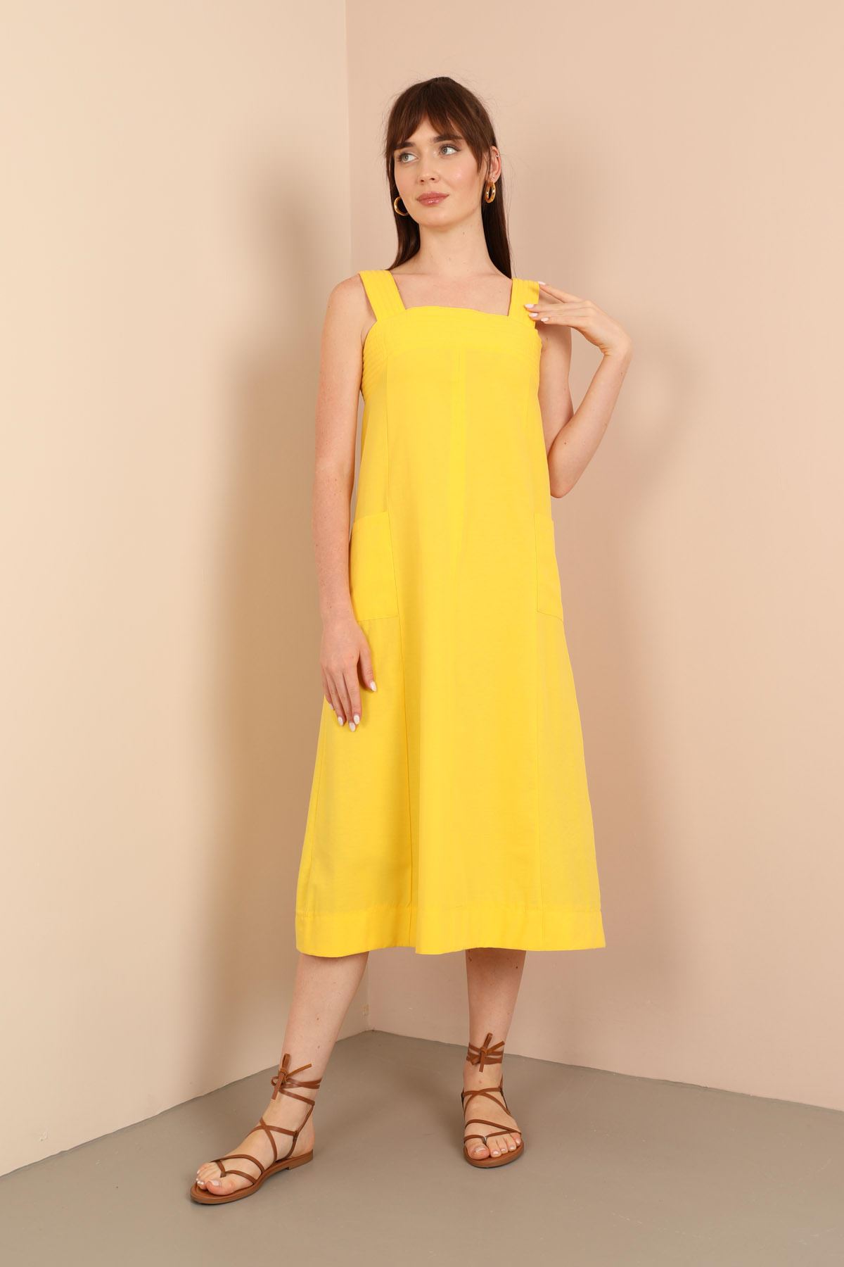 Soft Fabric With Two Pockets Long Women Dress-Yellow
