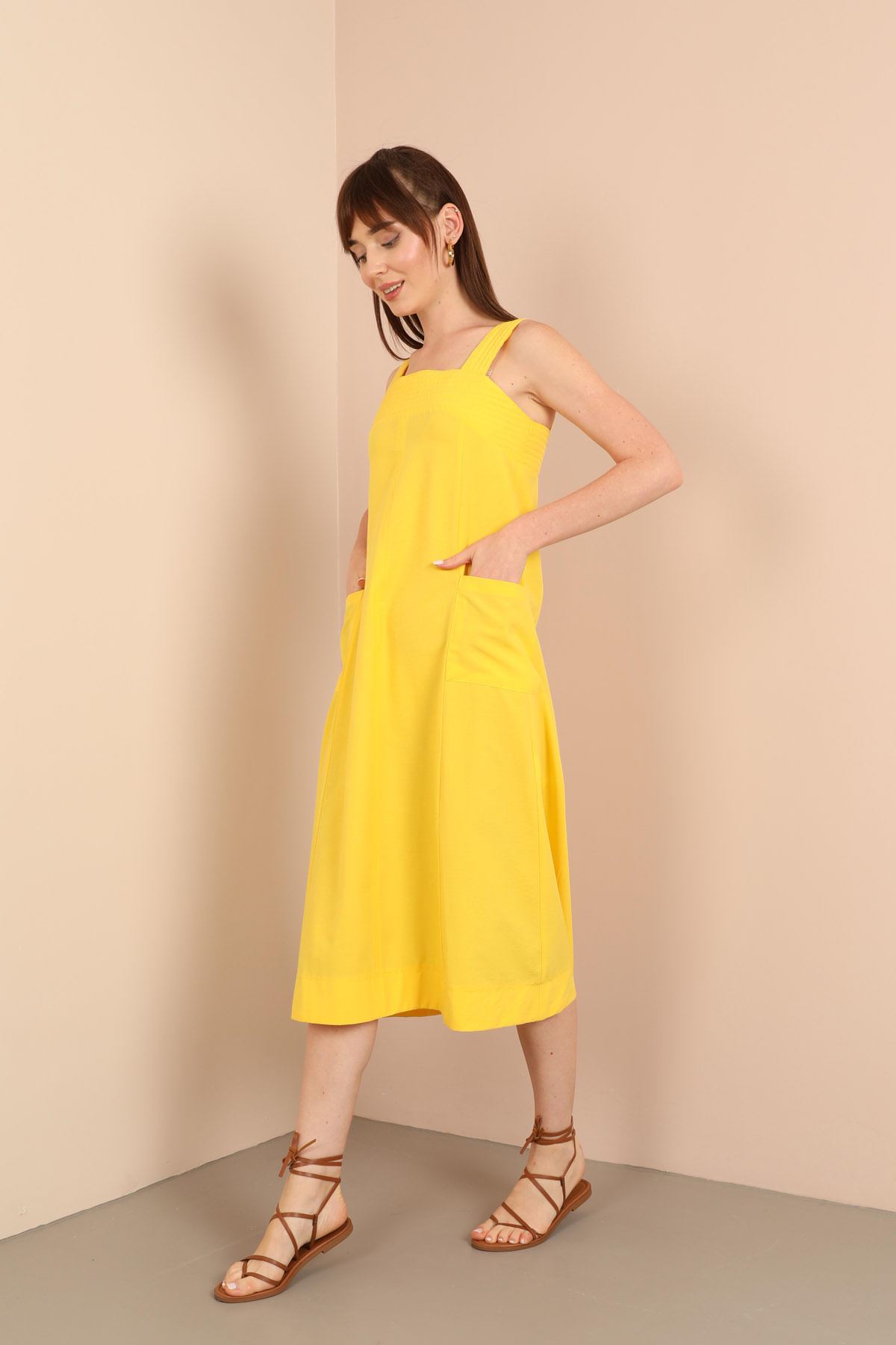 Soft Fabric With Two Pockets Long Women Dress-Yellow