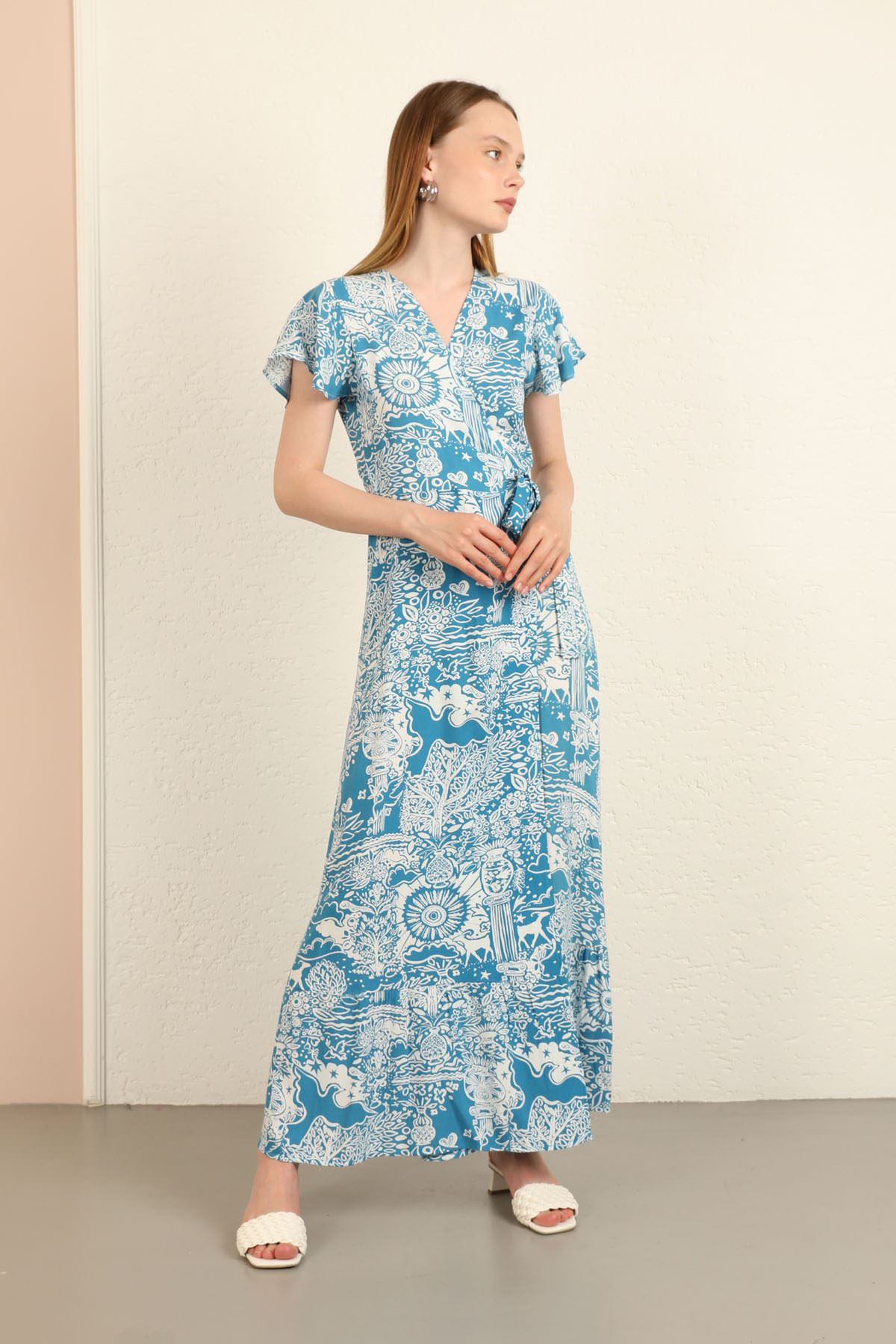 Viscon Fabric Surplice Neck Mixed Pattern Long Women Dress-Blue