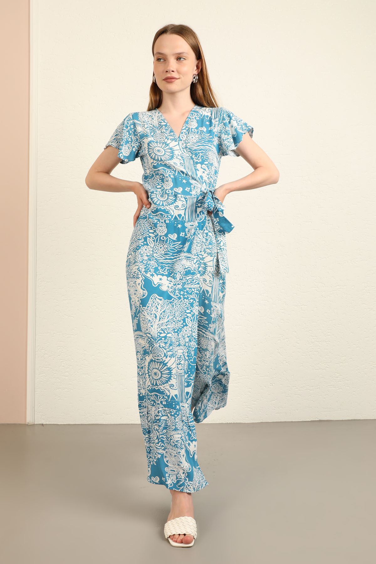 Viscon Fabric Surplice Neck Mixed Pattern Long Women Dress-Blue