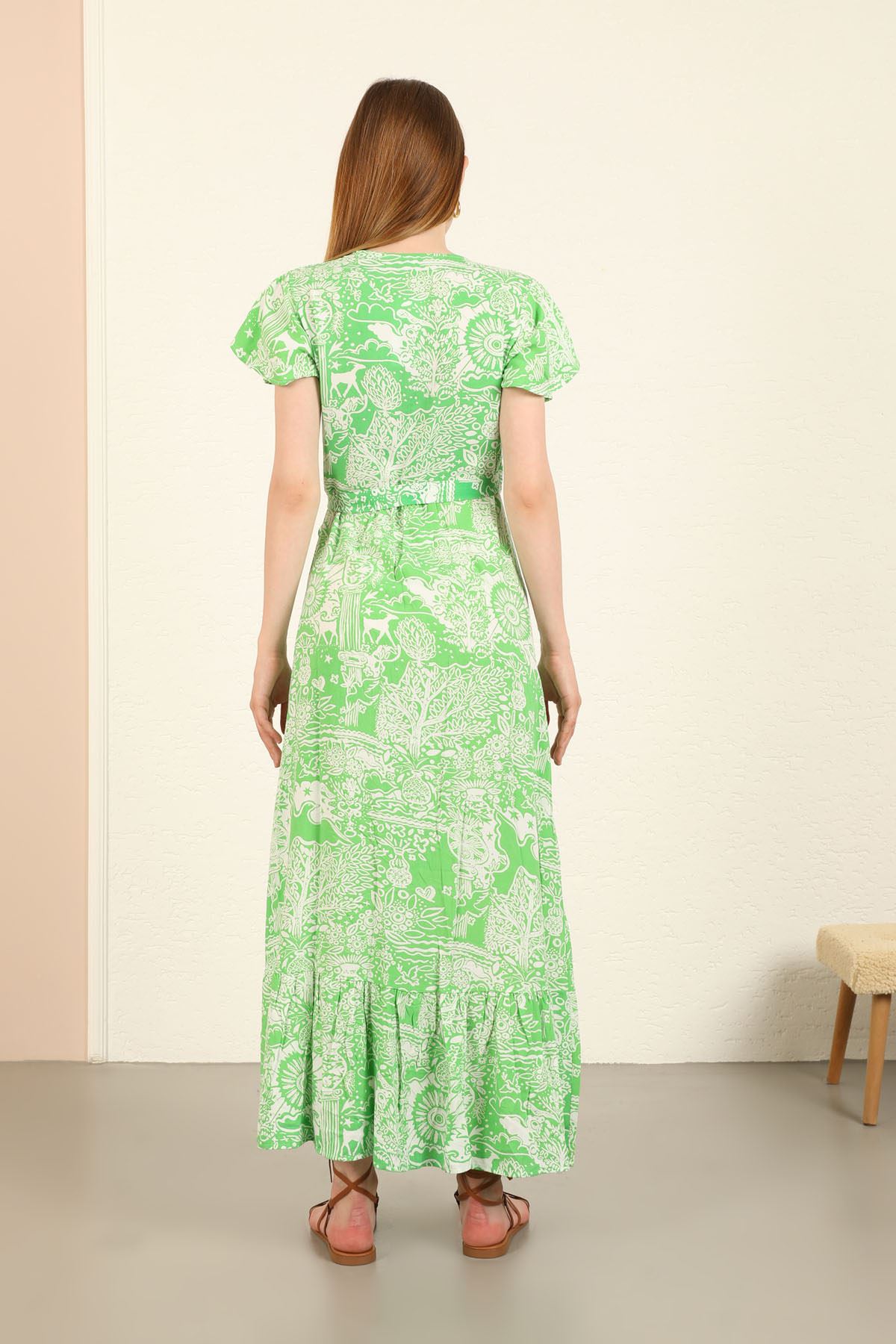 Viscon Fabric Surplice Neck Mixed Pattern Long Women Dress-Green