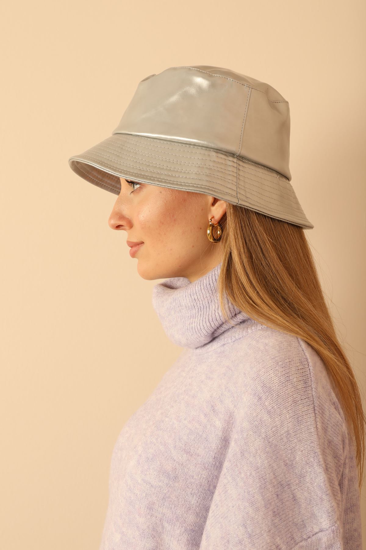 Patent Leather Bucket Women's Hat-Silver