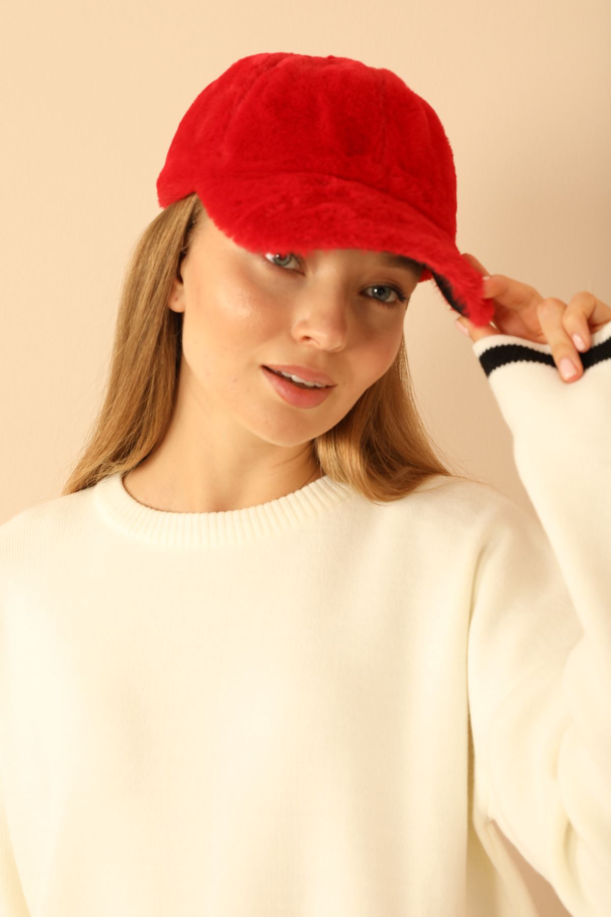 Plush Fabric Women's Cap-Red