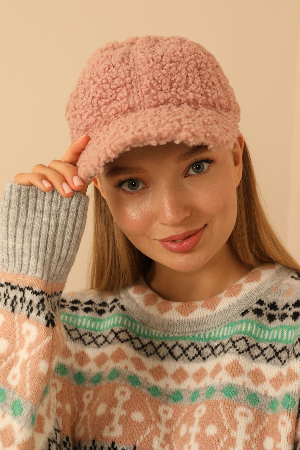 Furry Curly Women's Cap-Pink