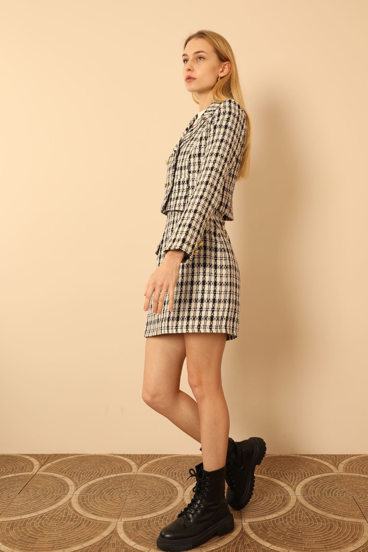 Dokuma Kumaş Ekose Desen Blazer Mini Ceket-Beyaz