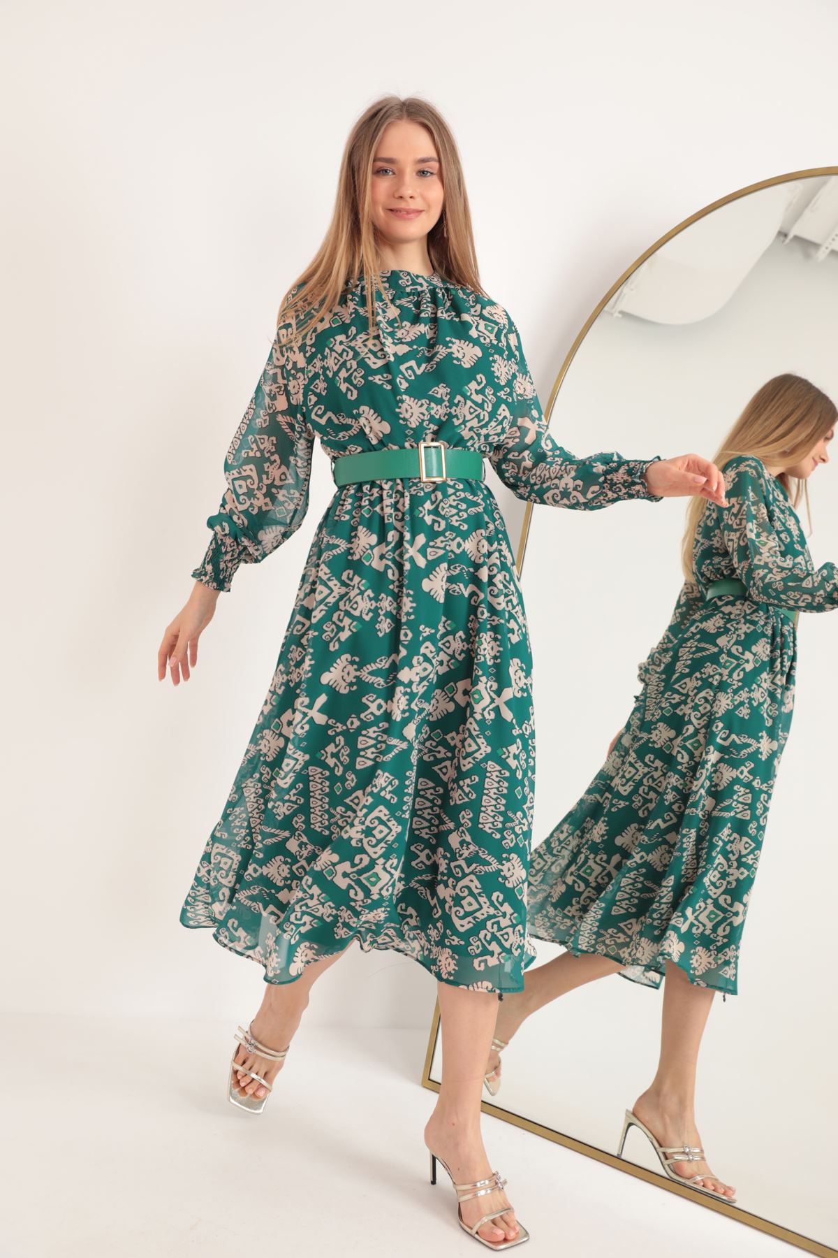 Chiffon Fabric Ethnic Rug Pattern Belt Gipe Detail Women's Dress-Green