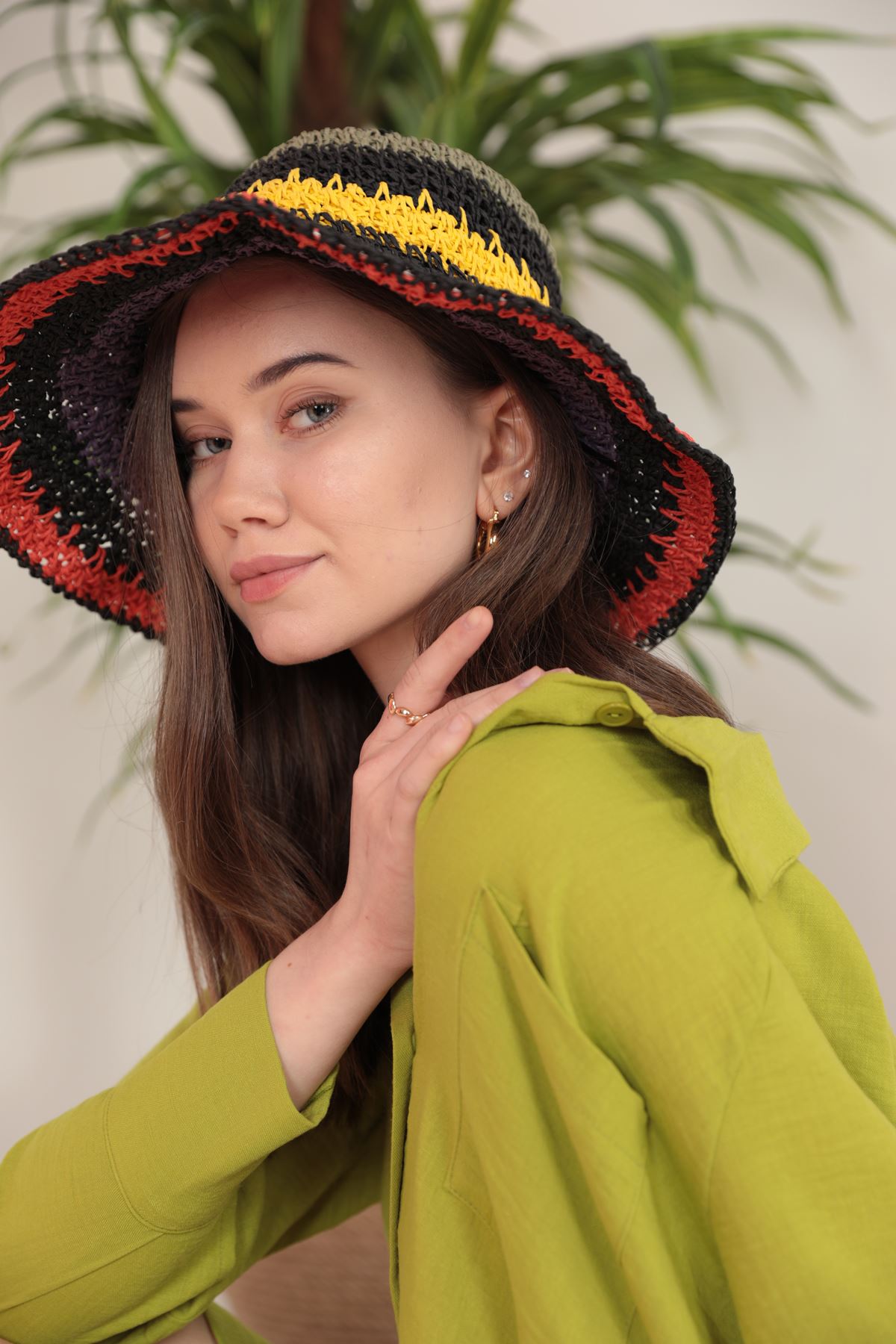Colorful Braided Straw Hat-Black
