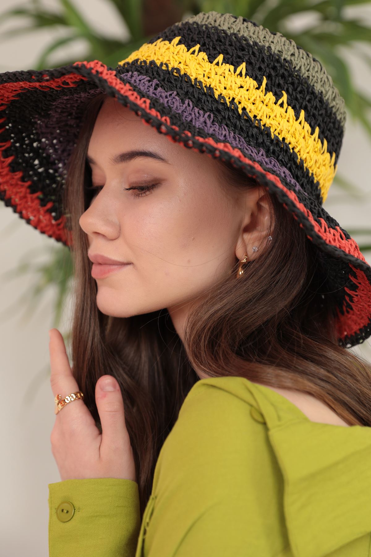Colorful Braided Straw Hat-Black