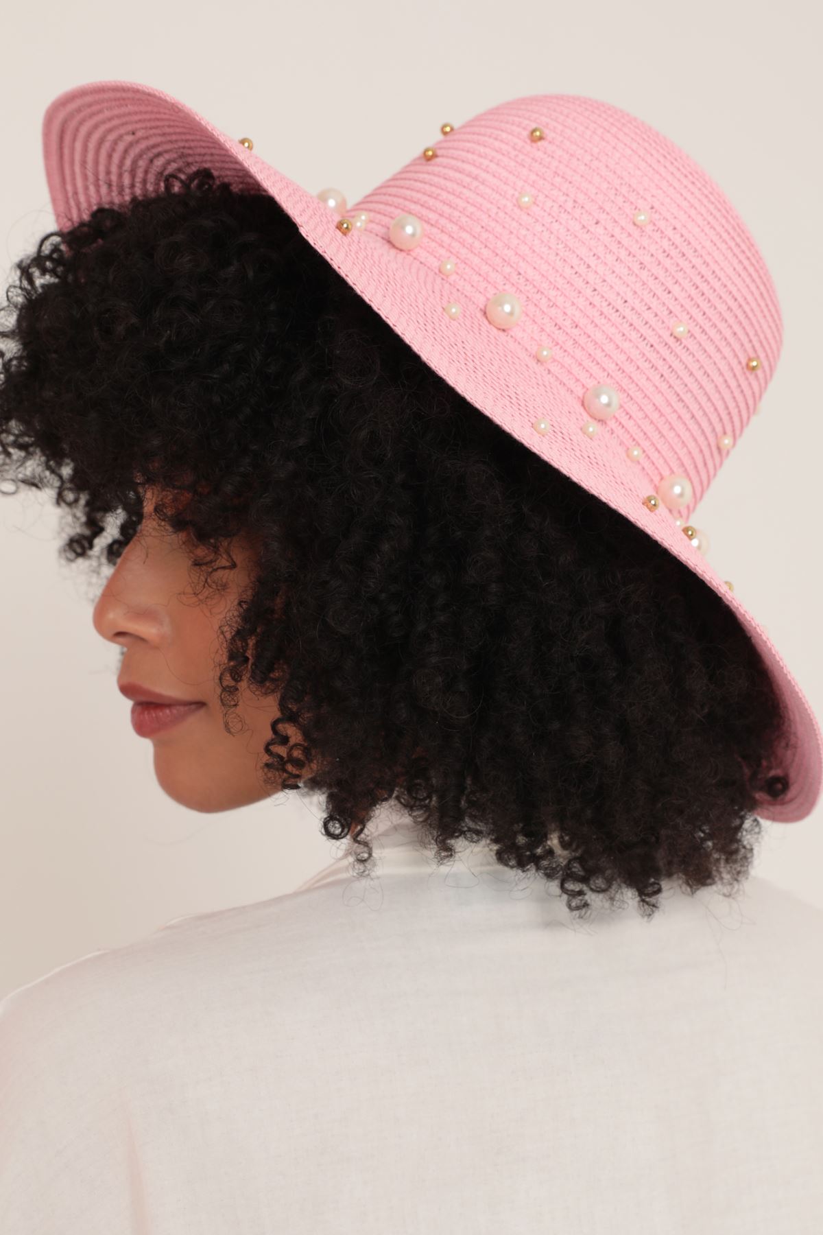 Wide Straw Hat with Pearls Pink - Kaktüs Moda