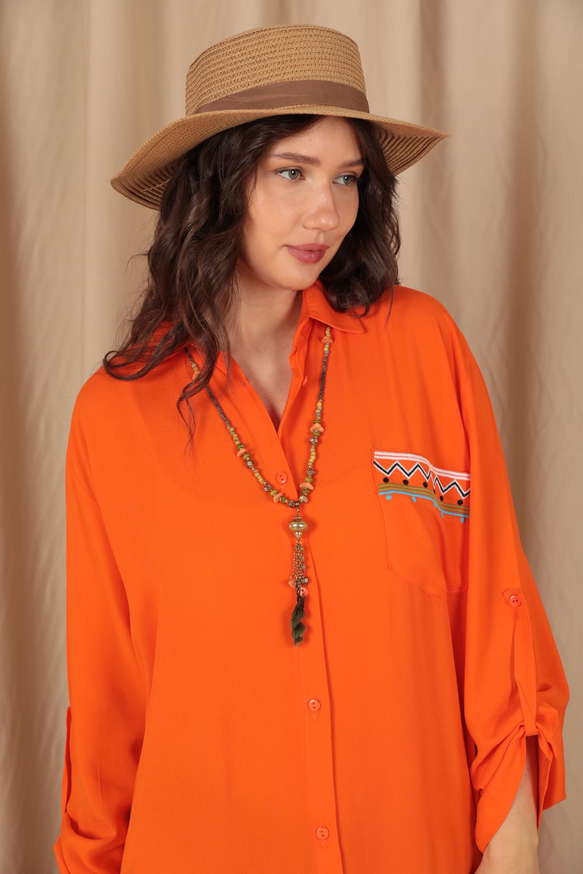 Viskon Kumaş Nakış Detaylı Kadın Elbise Oranj-Kaktüs Moda