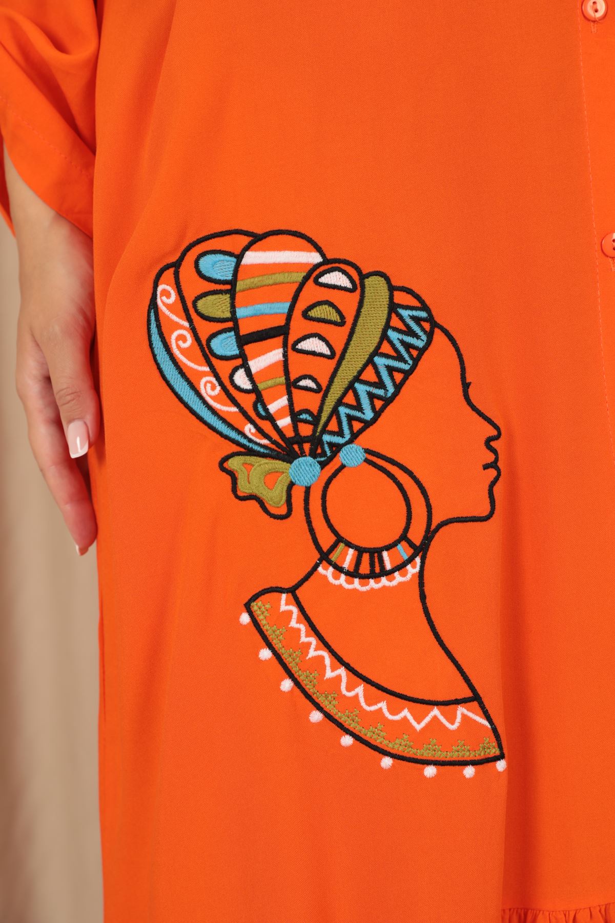 Viskon Kumaş Nakış Detaylı Kadın Elbise Oranj-Kaktüs Moda