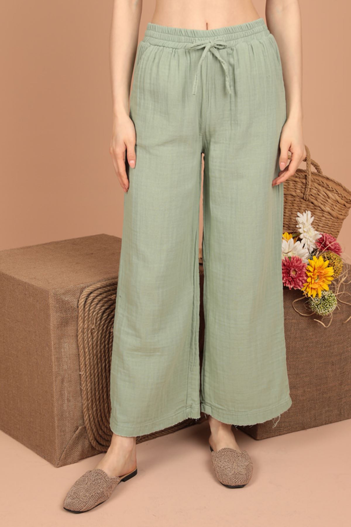 Muslin Fabric Wide Leg Women's TrousersMint-Kaktüs Moda