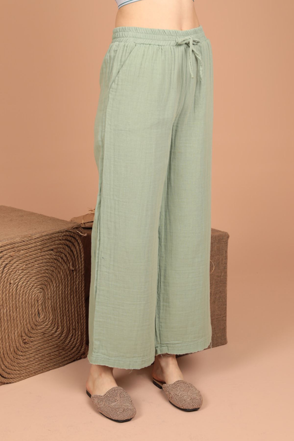Muslin Fabric Wide Leg Women's TrousersMint-Kaktüs Moda