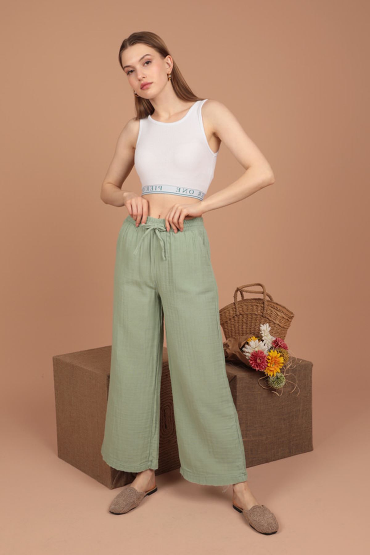 Muslin Fabric Wide Leg Women's TrousersMint-Kaktüs Moda