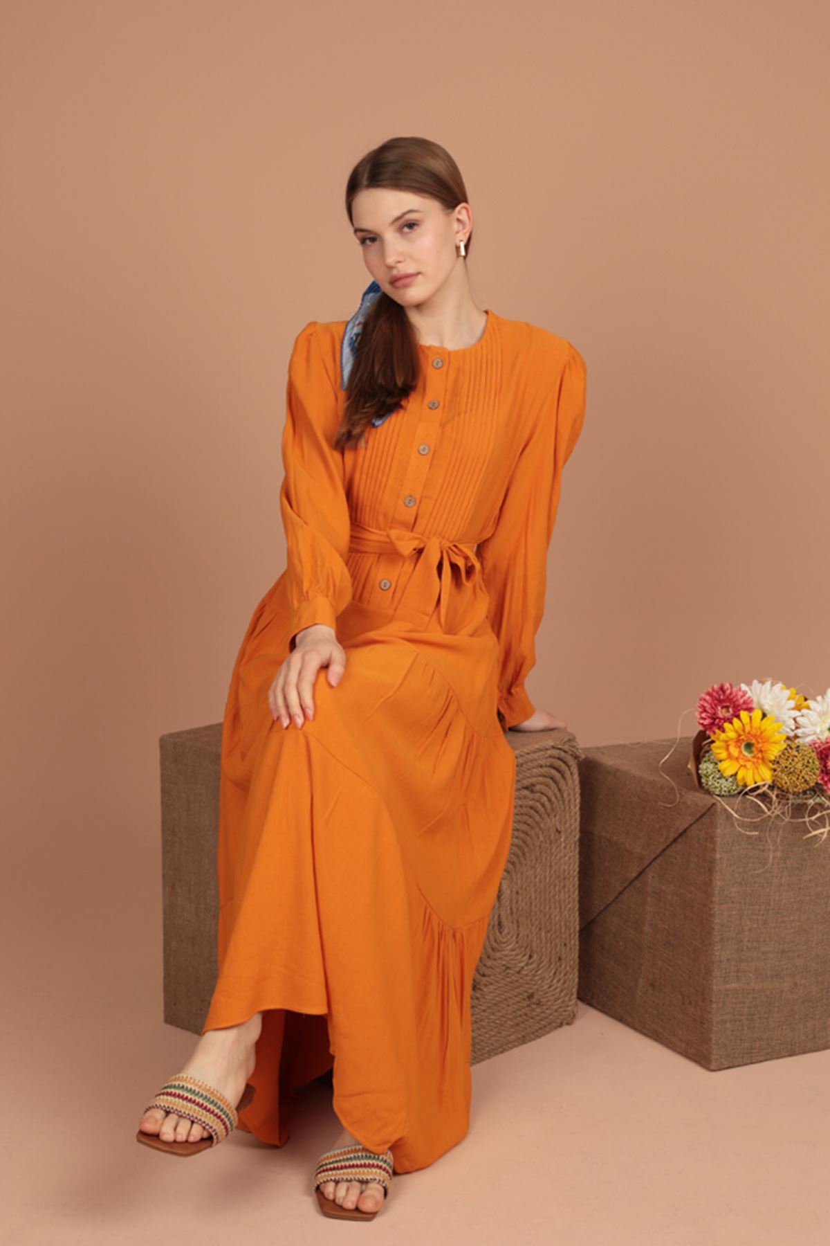 Keten Kumaş Nervür Espirili Kadın Elbise Oranj-Kaktüs Moda