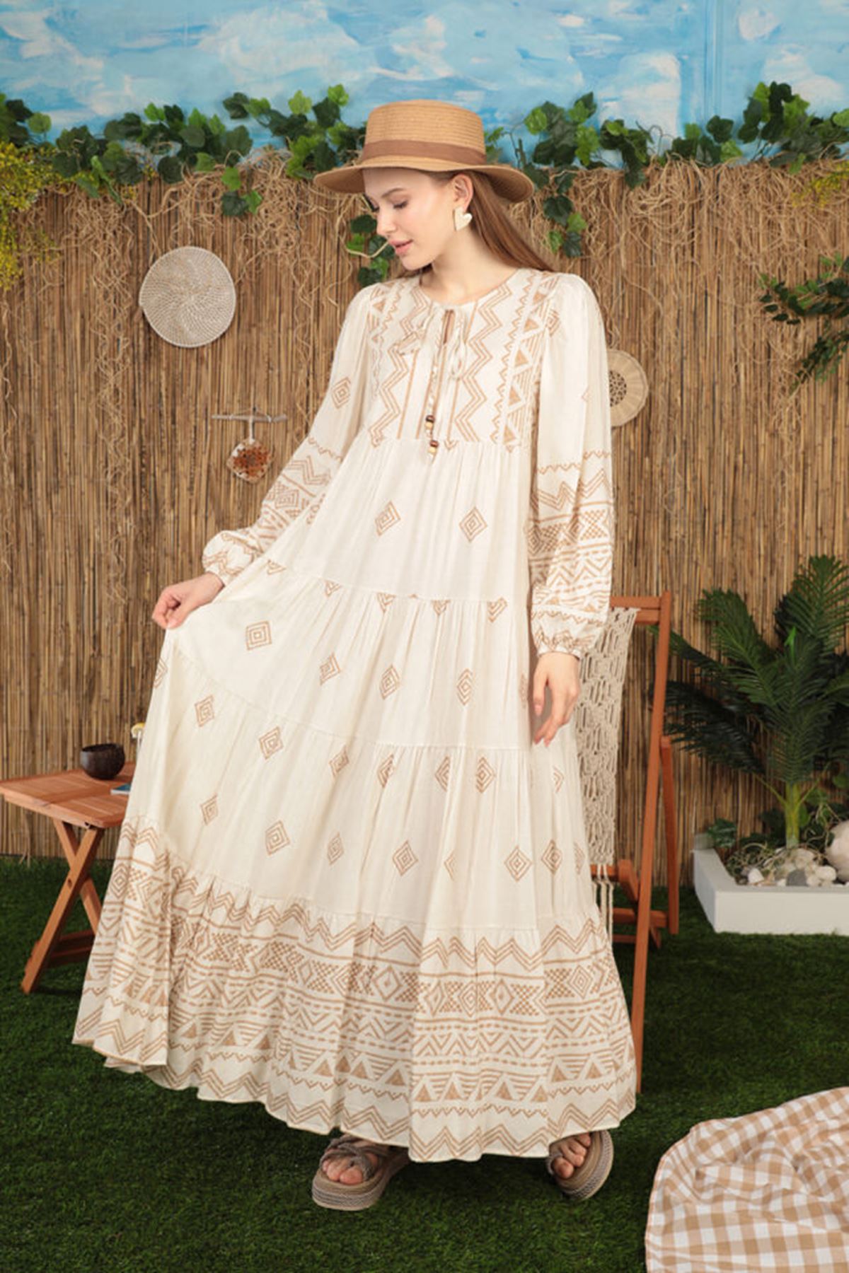 Linen Fabric Embroidery Pattern Women Dress-Mink