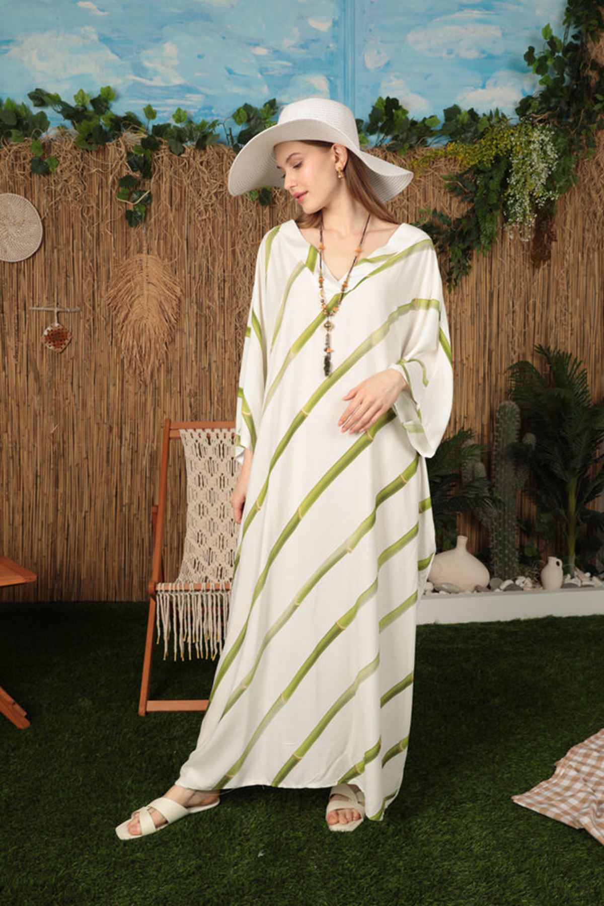 Viscose Fabric Parrot Patterned Women's DressOil Green-Kaktüs Moda