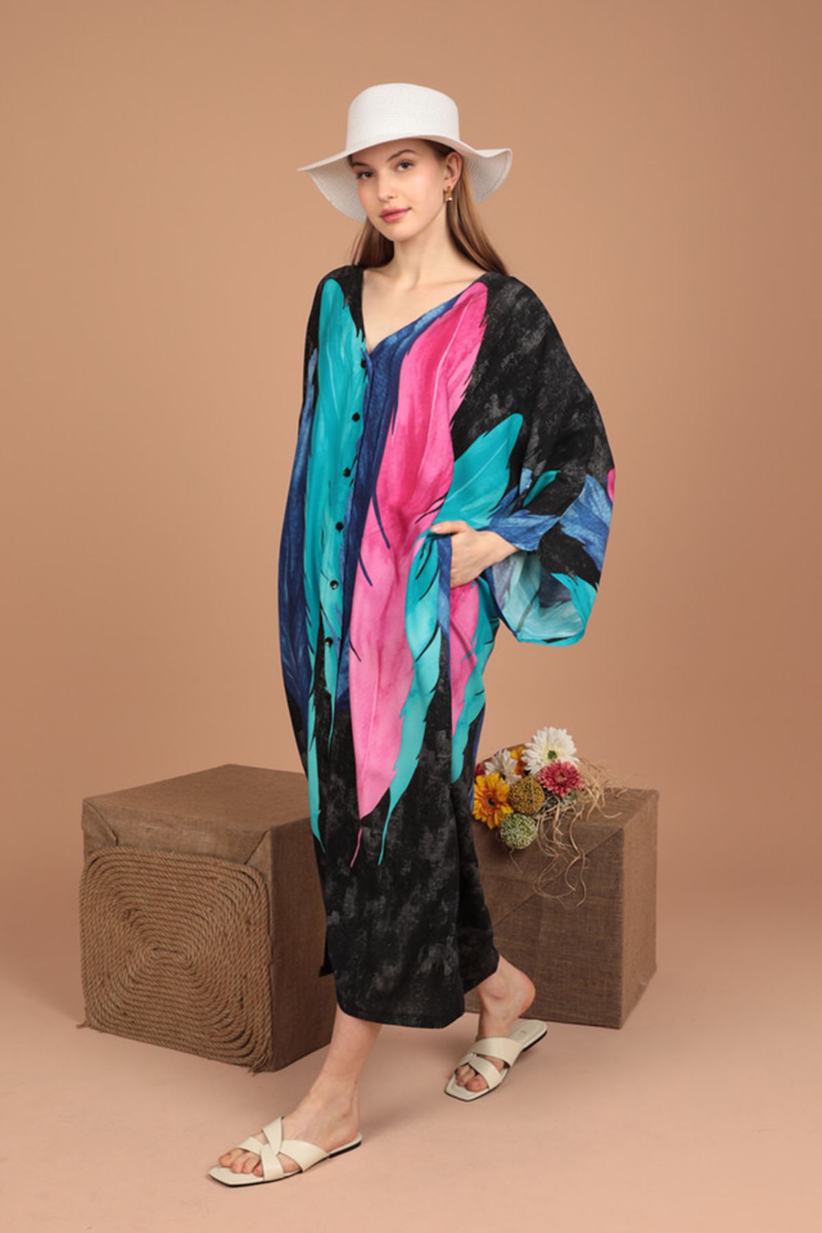 Viscose Fabric Feather Pattern Women's Dress Fuchsia-Kaktüs Moda