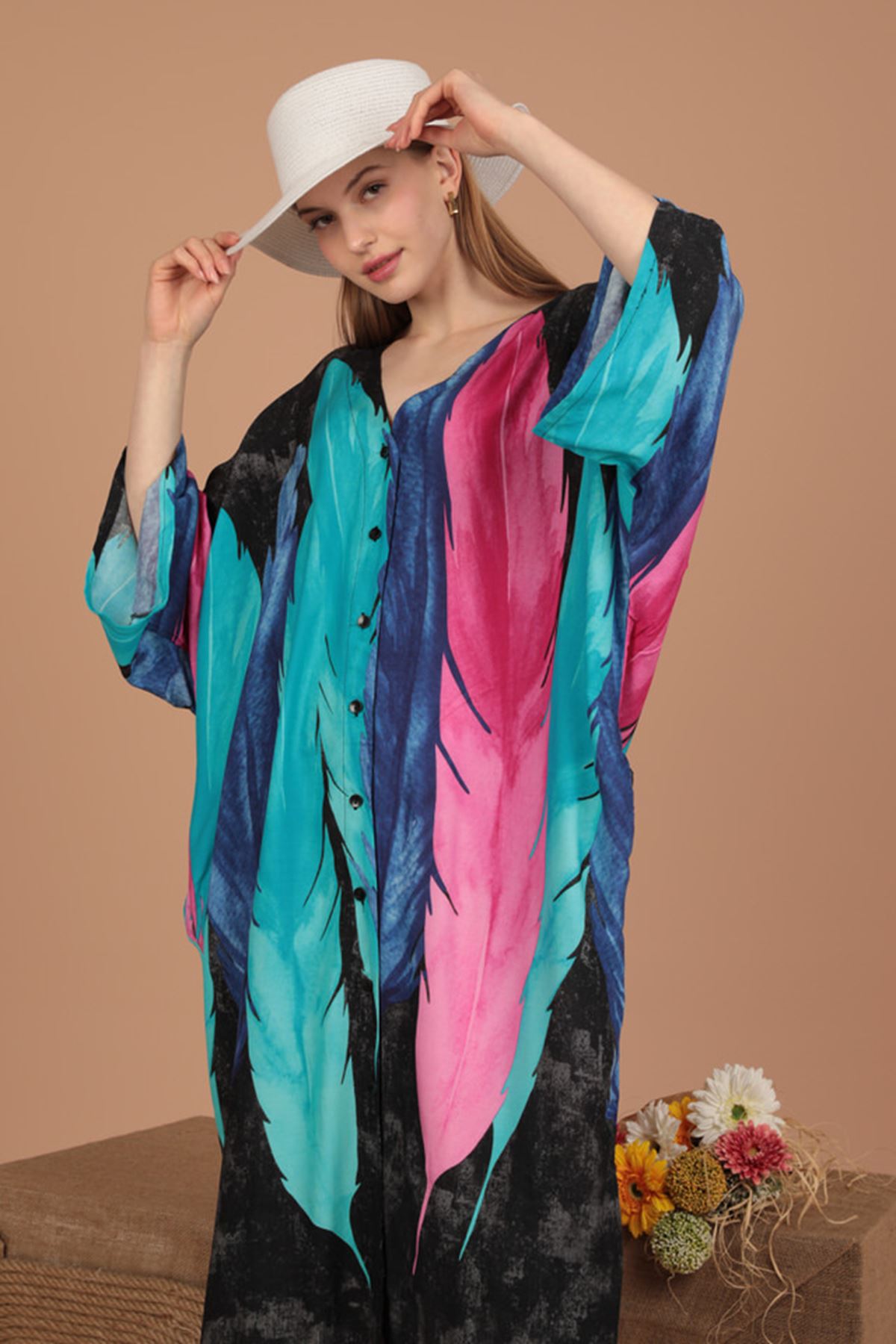 Viscose Fabric Feather Pattern Women's Dress Fuchsia-Kaktüs Moda