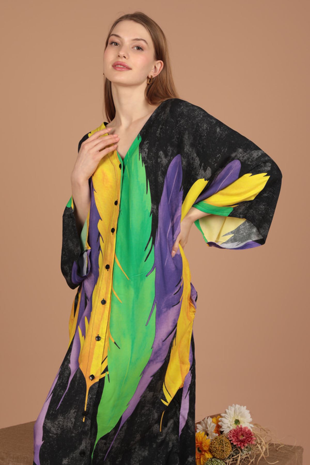 Viscose Fabric Feather Pattern Women's Dress Purple-Kaktüs Moda