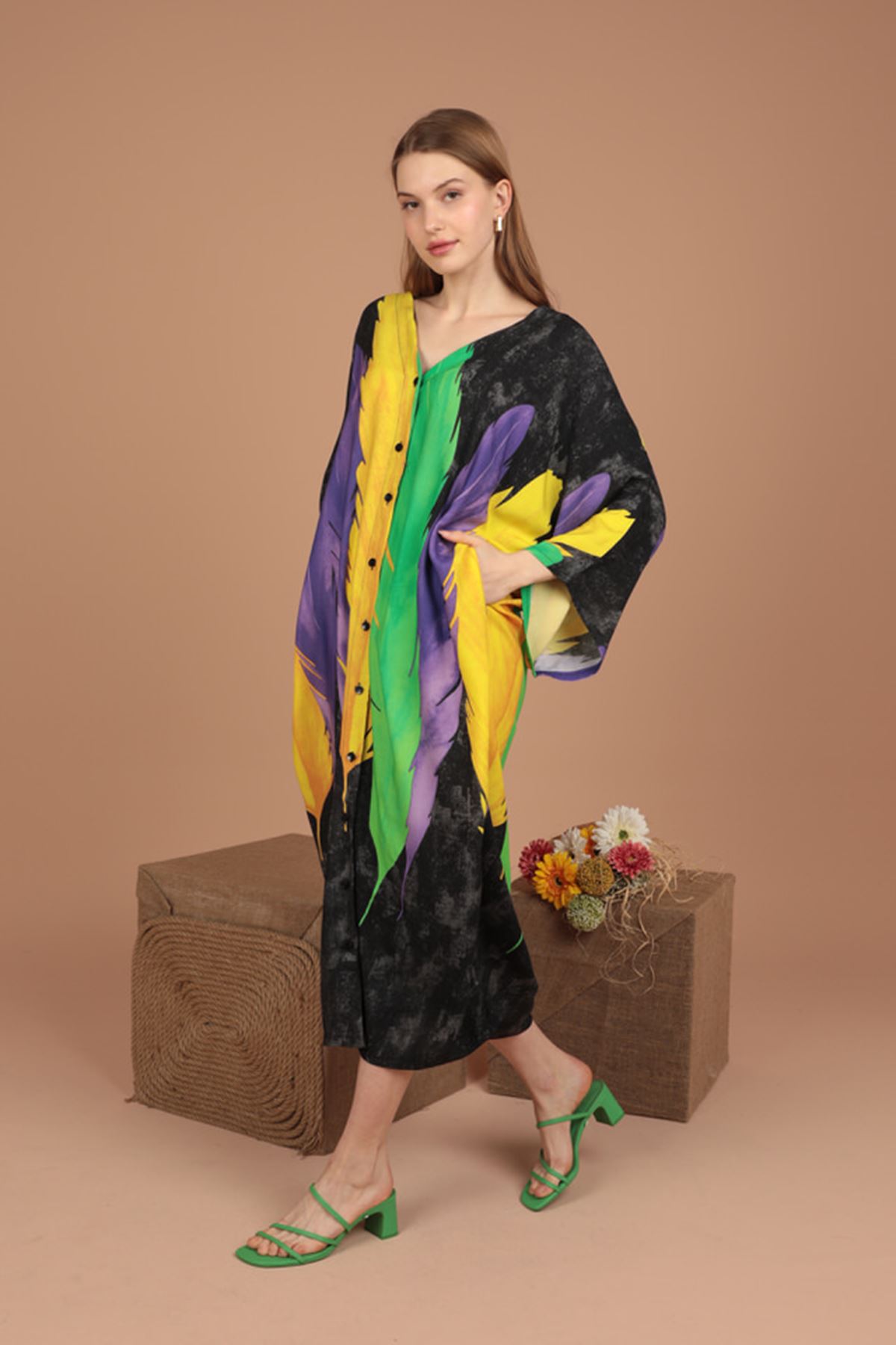 Viscose Fabric Feather Pattern Women's Dress Purple-Kaktüs Moda