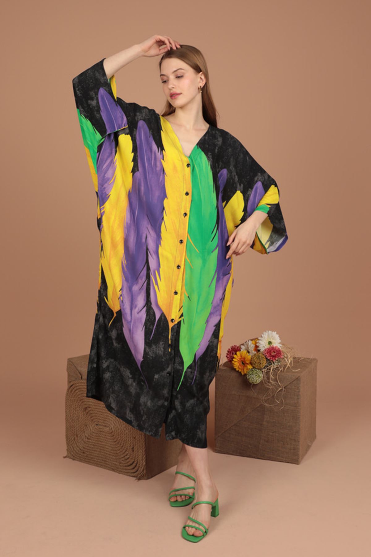Viscose Fabric Feather Pattern Women's Dress Purple-Kaktüs Moda