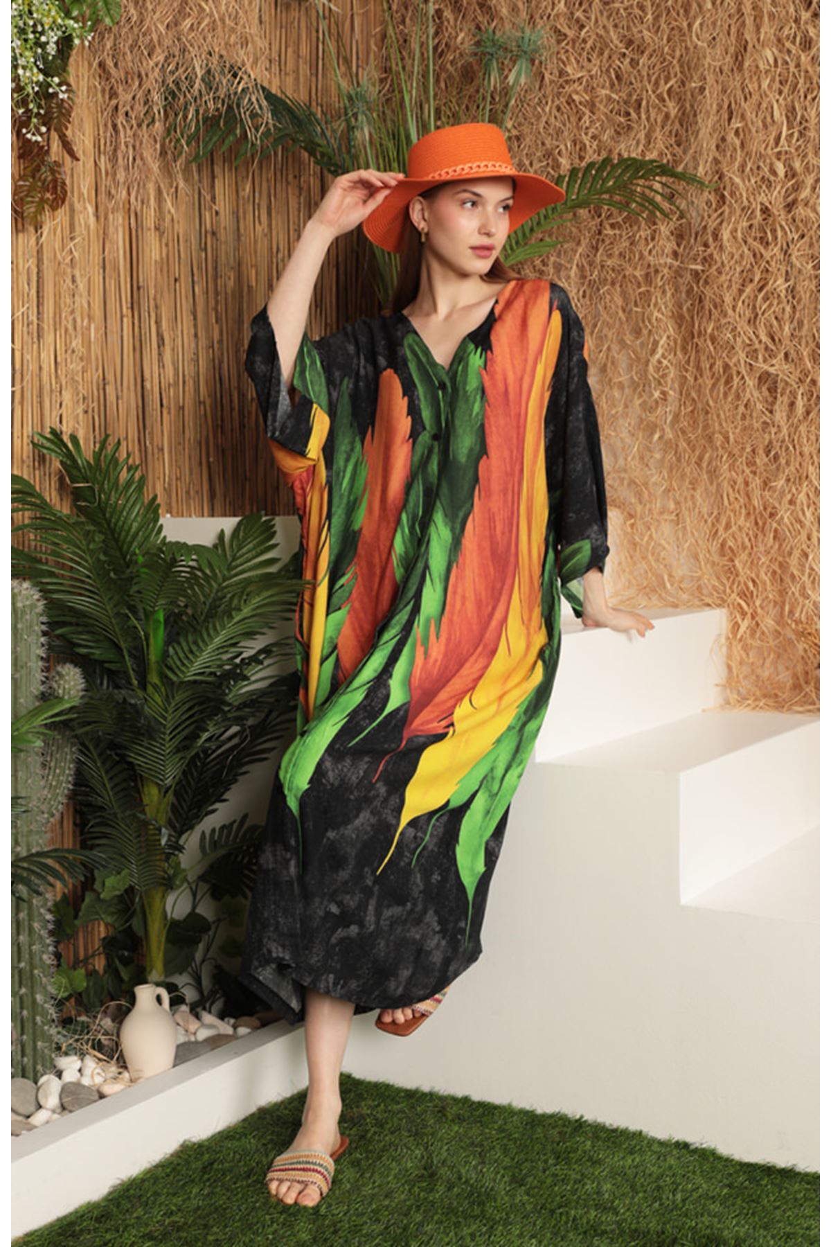 Viscose Fabric Feather Pattern Women's Dress Black-Kaktüs Moda
