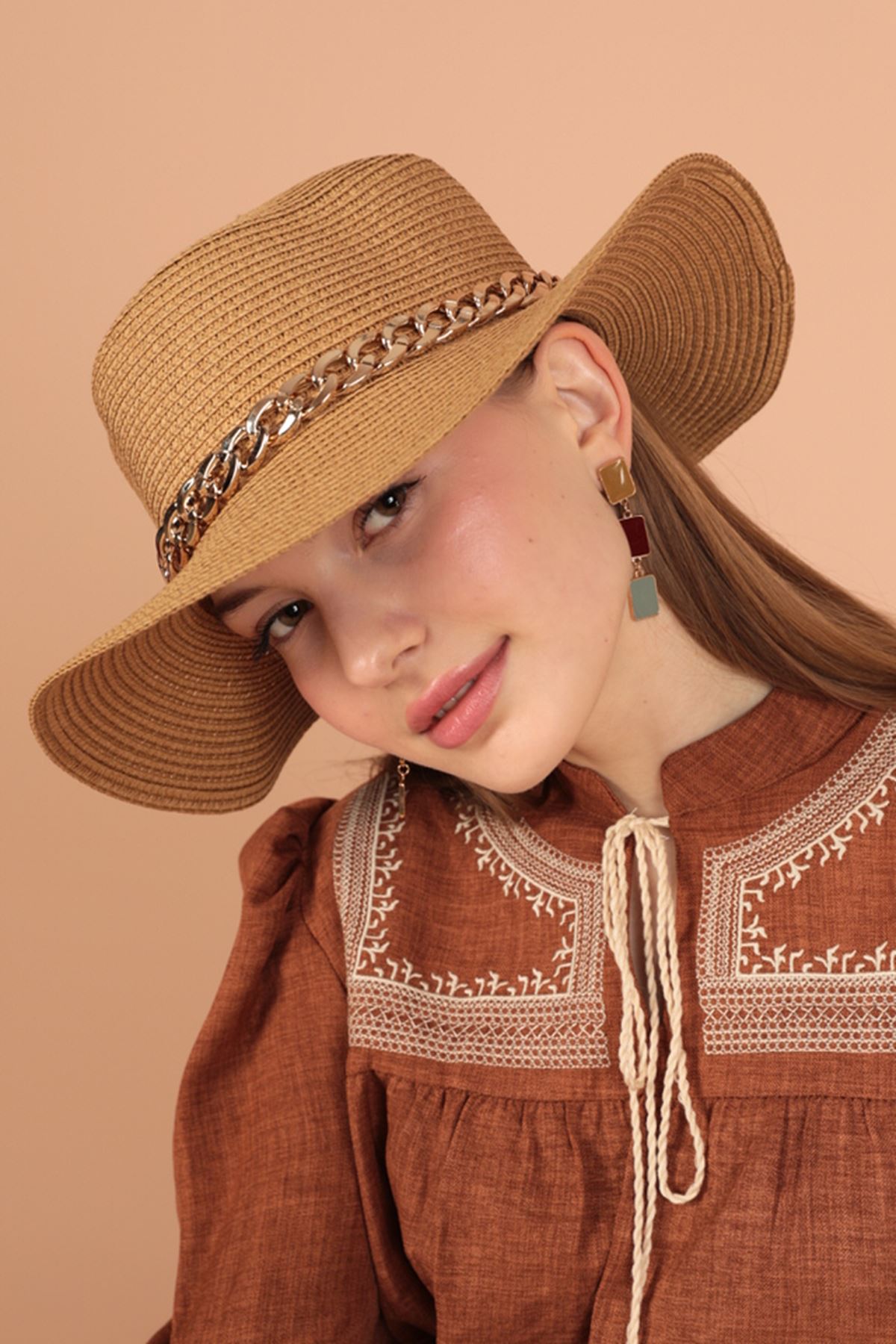Straw Chain Detailed HatLight Brown-Kaktüs Moda