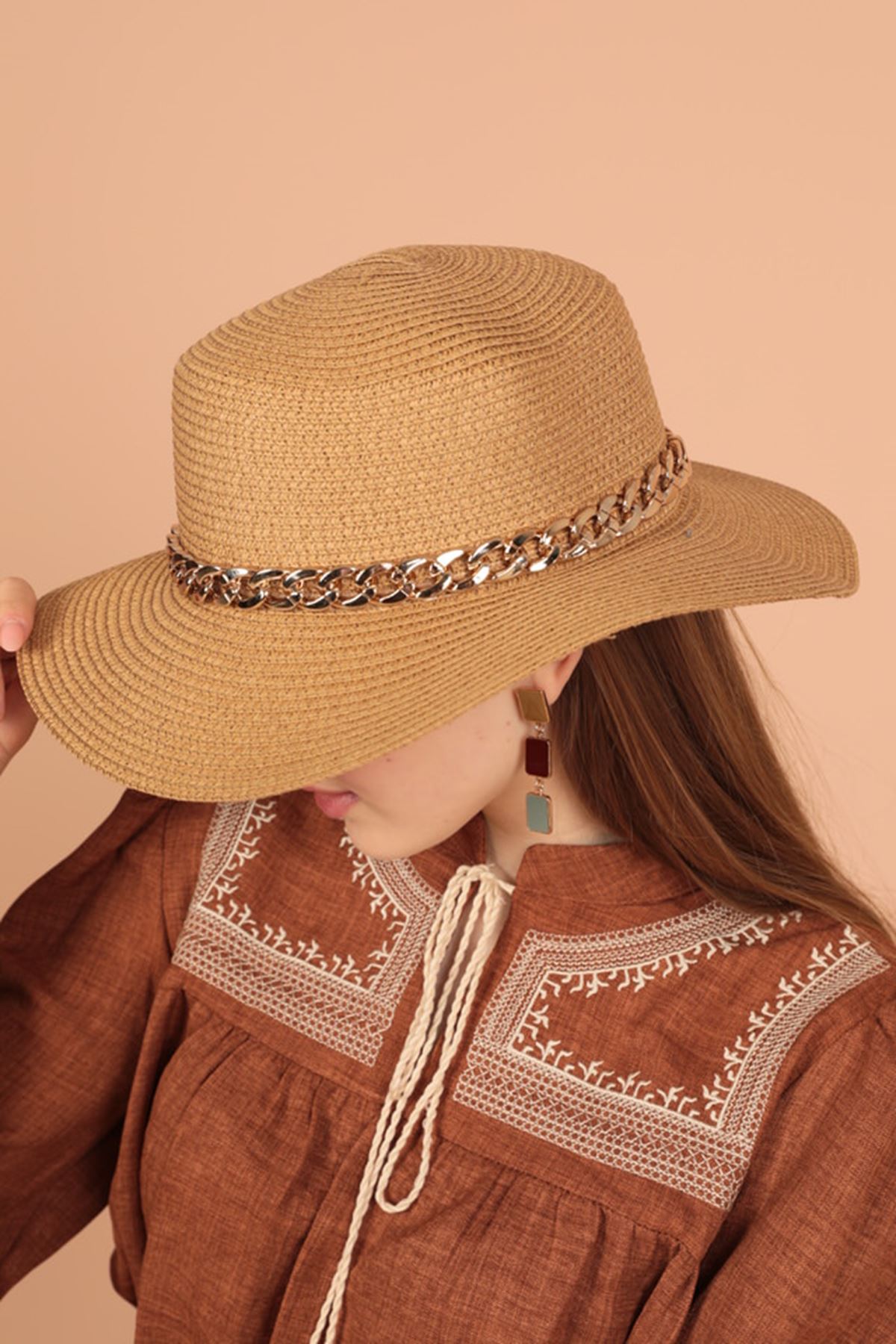 Straw Chain Detailed HatLight Brown-Kaktüs Moda