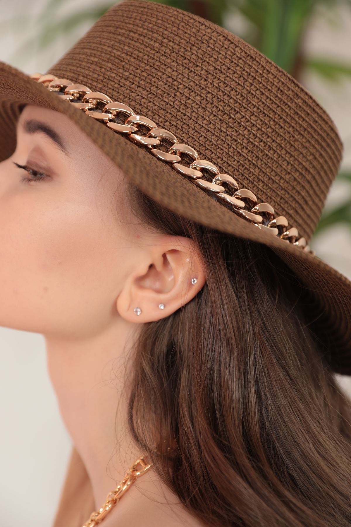 Straw Chain Detailed HatBrown-Kaktüs Moda