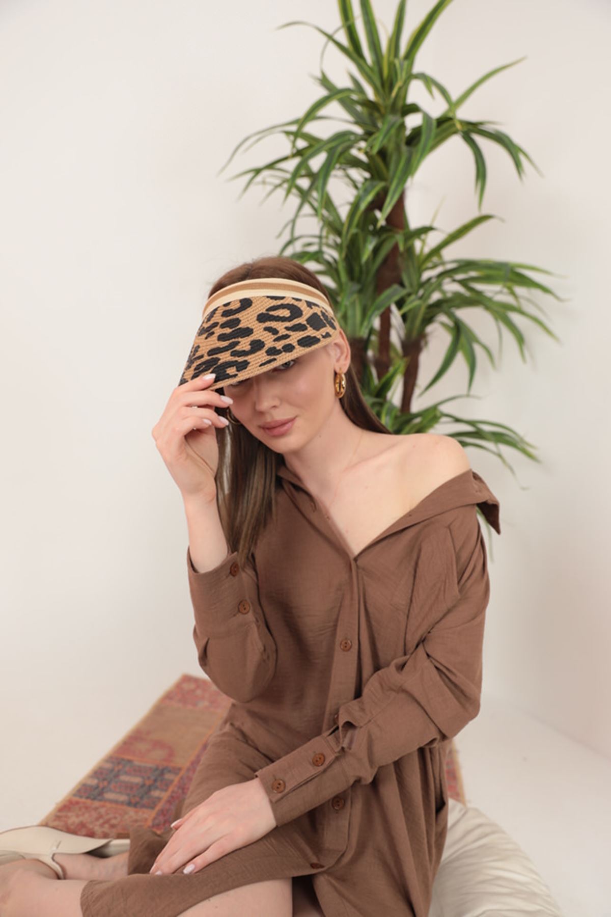 Straw Leopard Vizor HatLight Brown-Kaktüs Moda