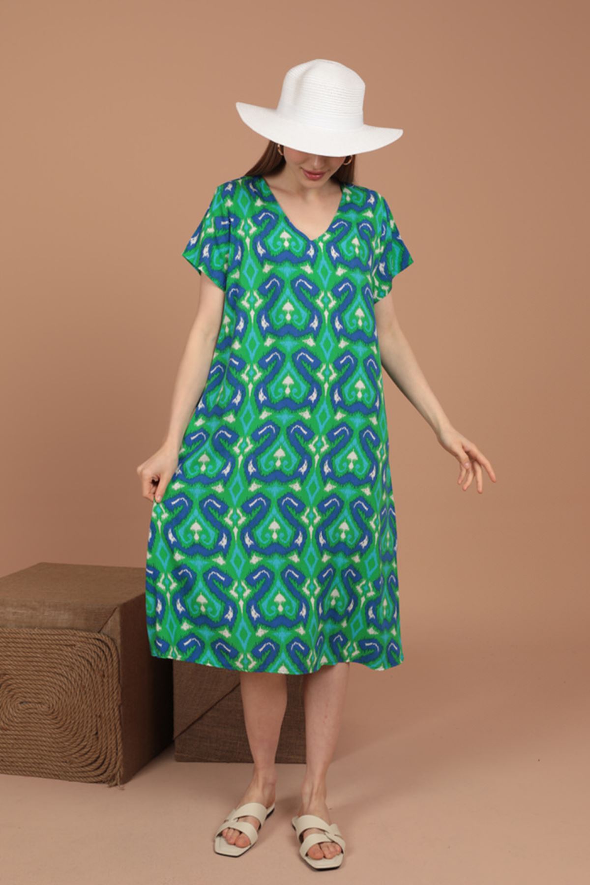 Viscose Fabric Ethnic Pattern DressGreen-Kaktüs Moda