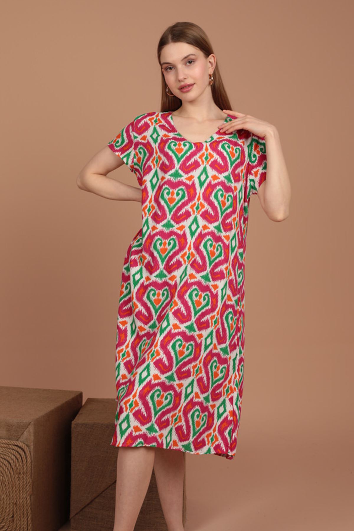 Viscose Fabric Ethnic Pattern DressFuchsia-Kaktüs Moda