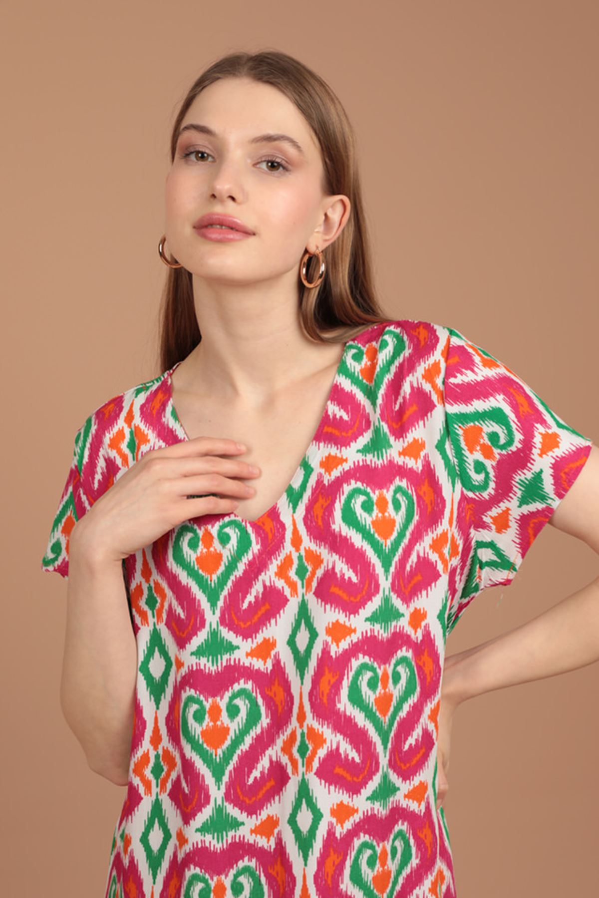 Viscose Fabric Ethnic Pattern DressFuchsia-Kaktüs Moda