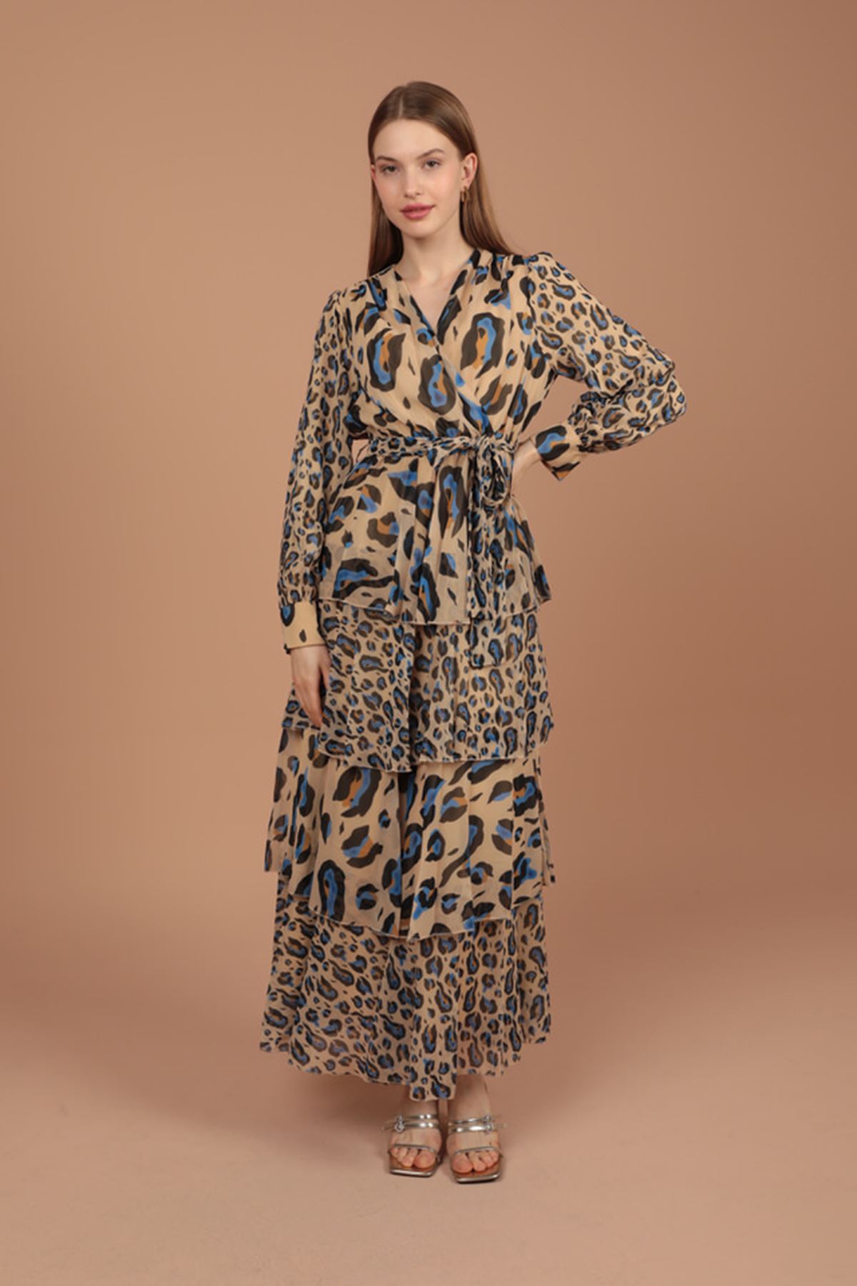 Chiffon Fabric Leopard Pattern Layered DressBlue-Kaktüs Moda